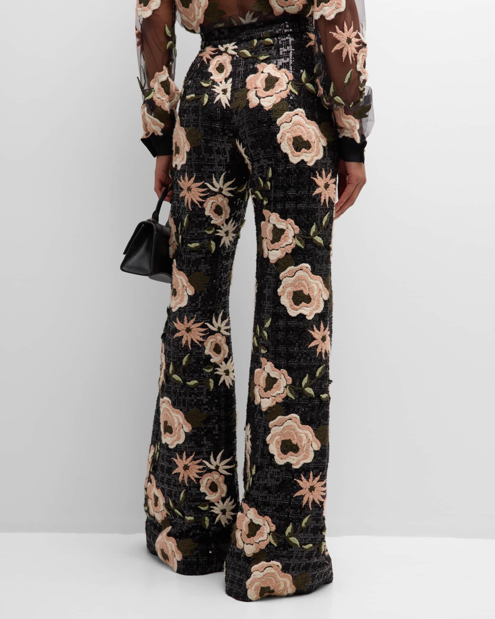 Elie Saab Tweed Floral-Embroidered Pants | Neiman Marcus