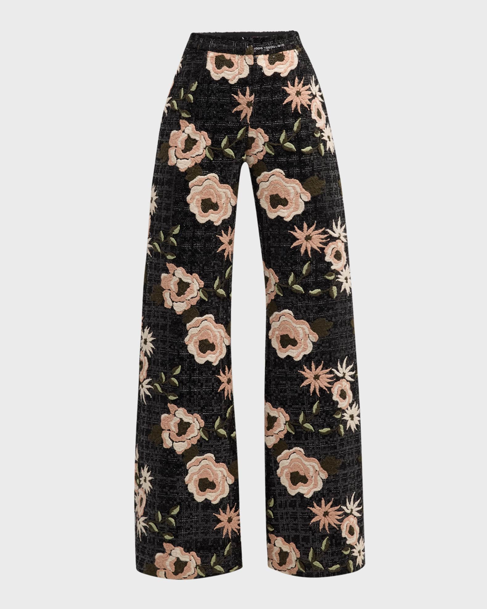Elie Saab Tweed Floral-Embroidered Pants | Neiman Marcus