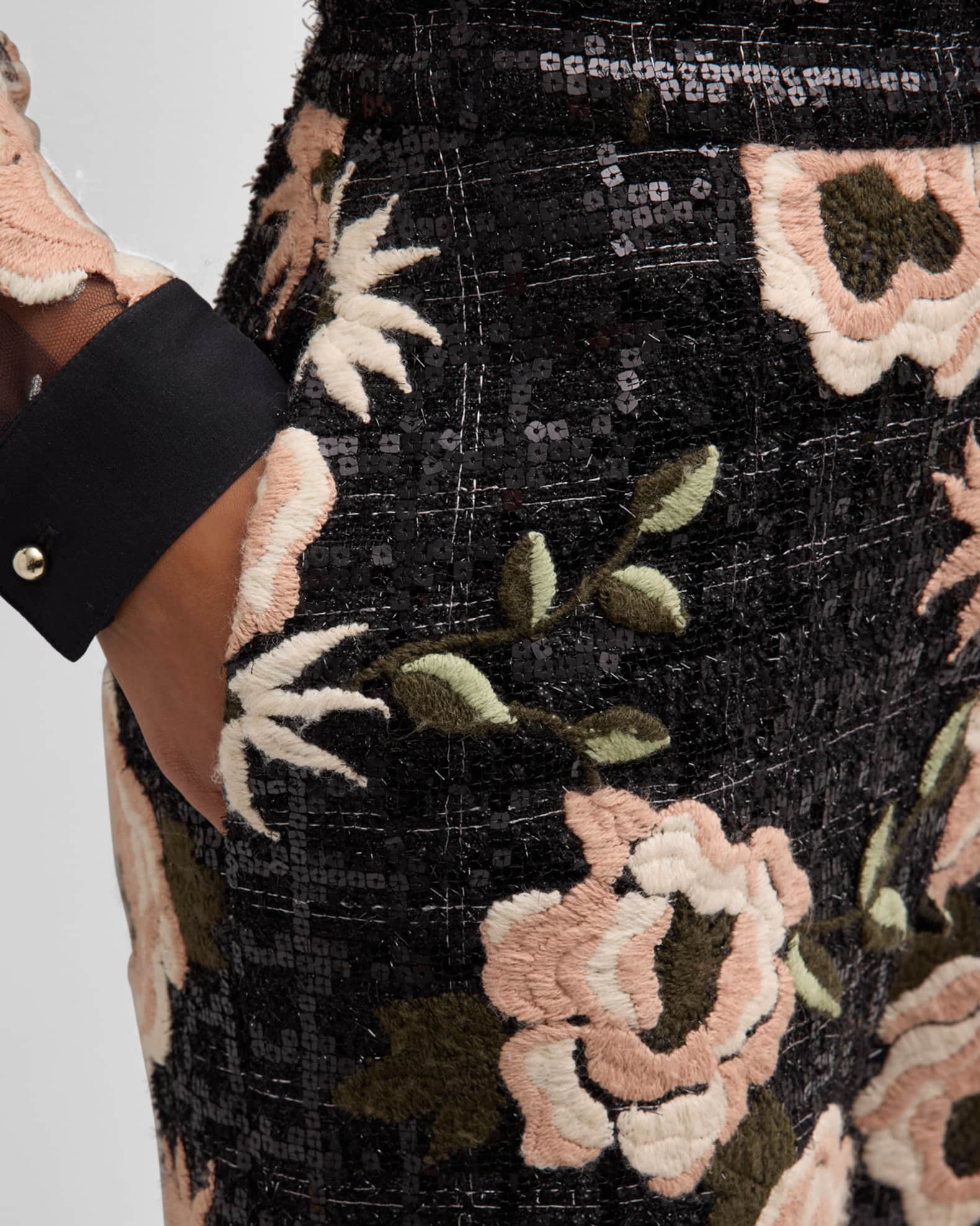 Elie Saab Tweed Floral-Embroidered Pants | Neiman Marcus