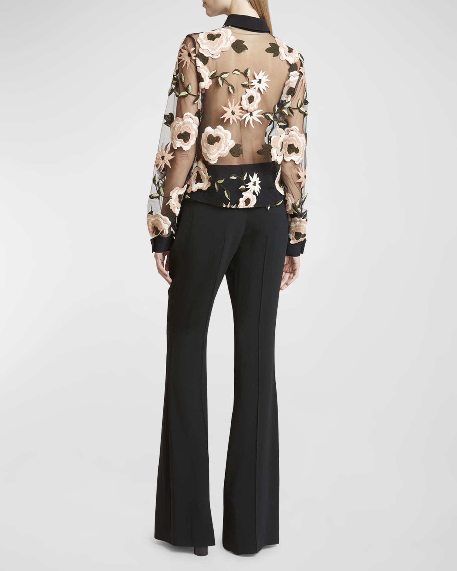 Elie Saab Floral Embroidered Tulle Button-Down Shirt | Neiman Marcus