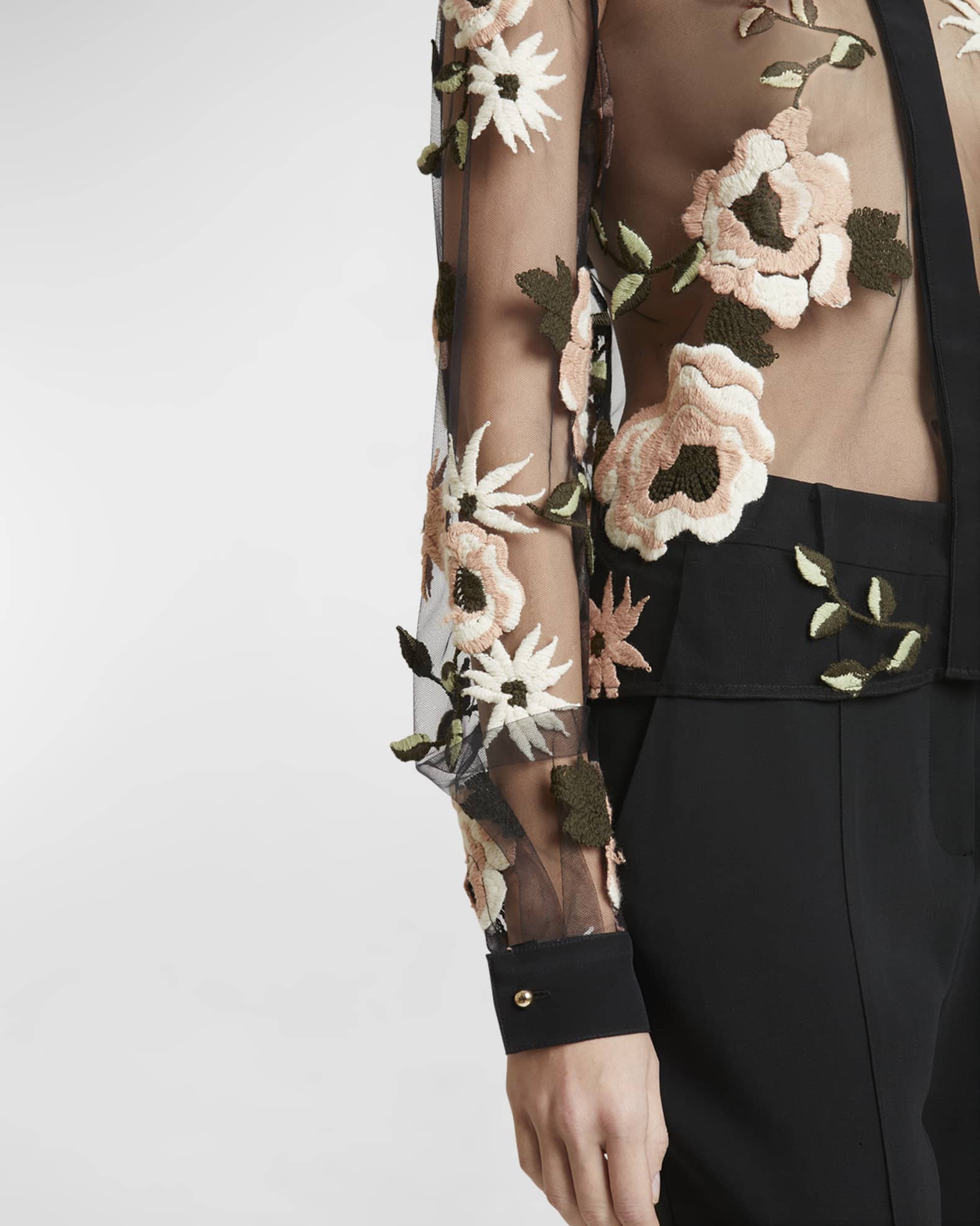 Elie Saab Floral Embroidered Tulle Button-Down Shirt | Neiman Marcus