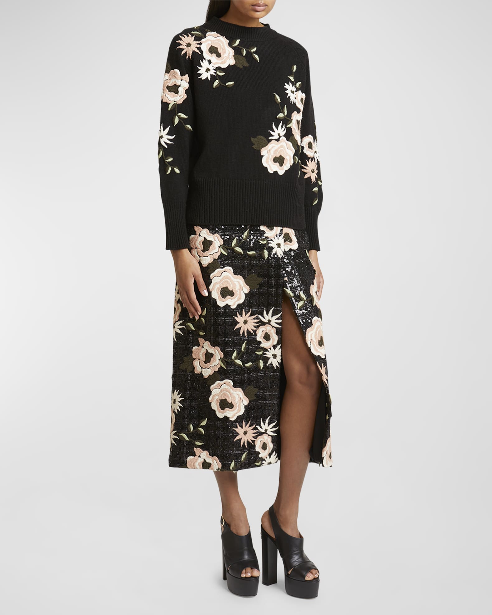 Elie Saab Floral Embroidered Wool Crewneck Sweater | Neiman Marcus