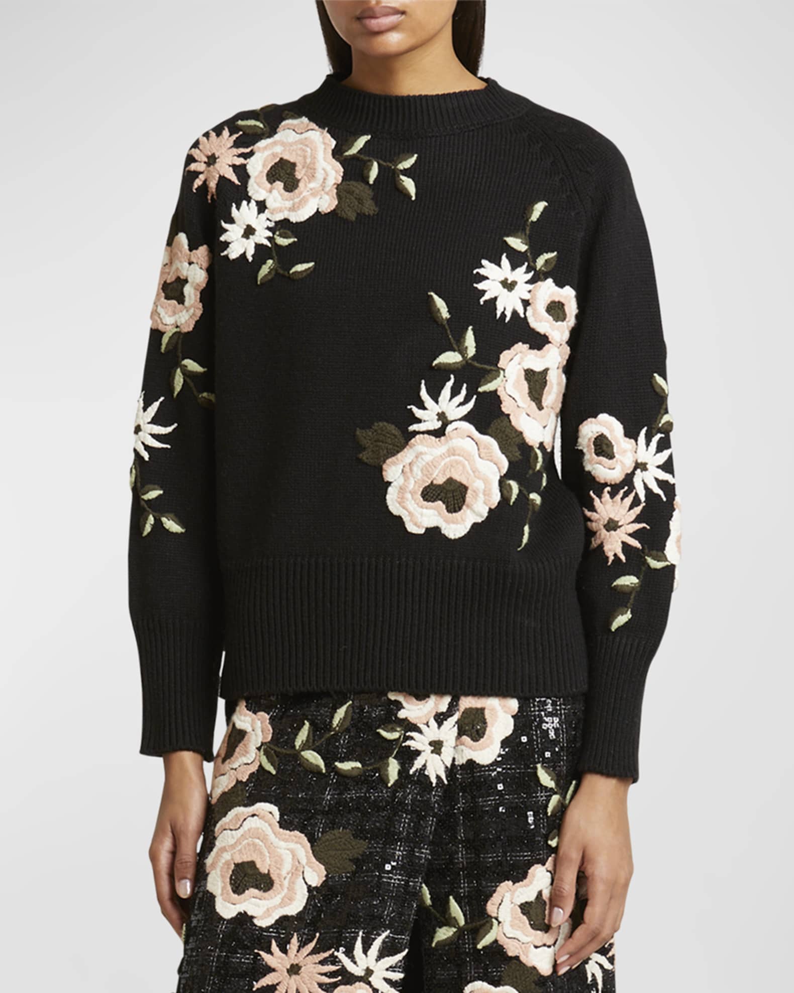 Elie Saab Floral Embroidered Wool Crewneck Sweater | Neiman Marcus