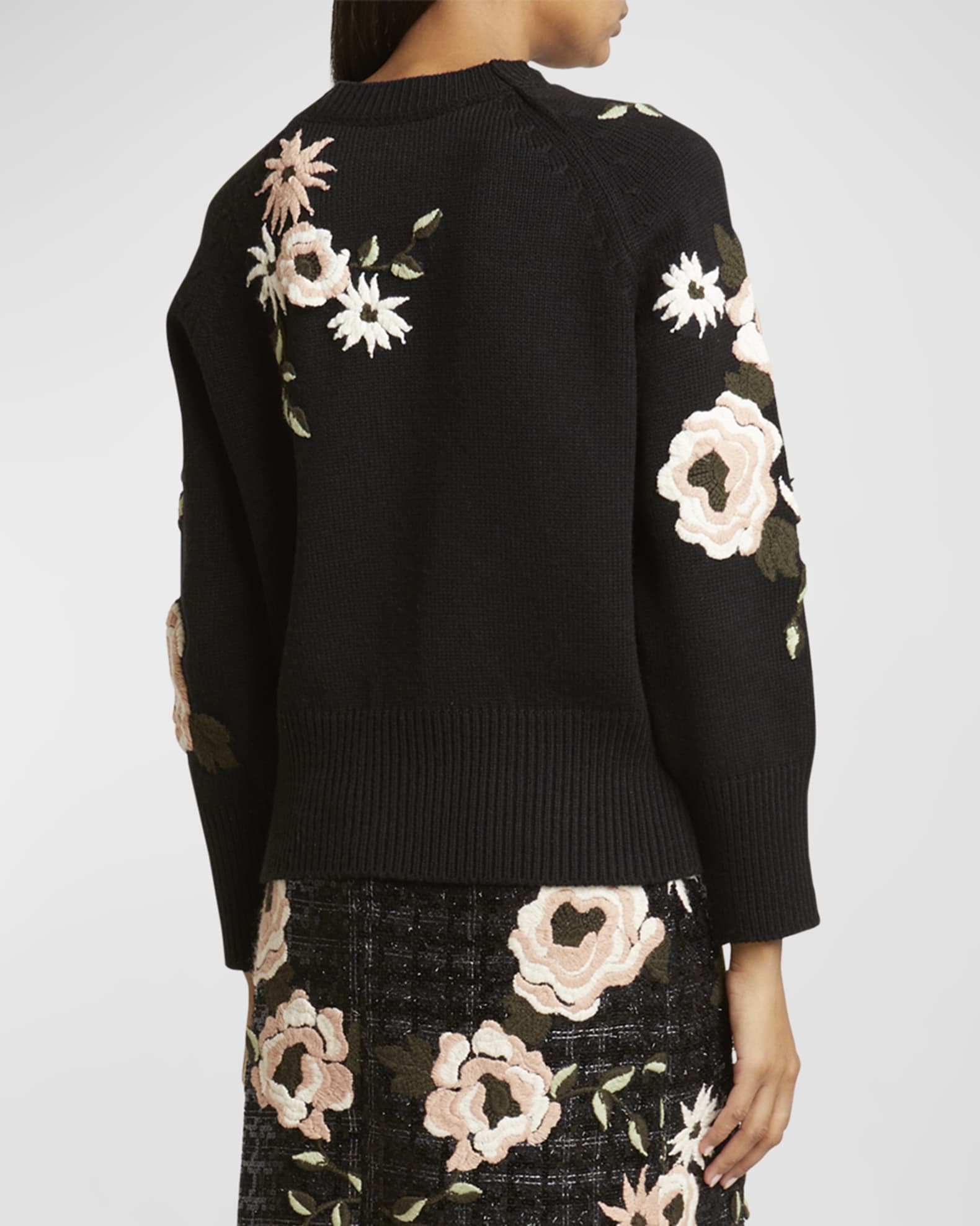 Elie Saab Floral Embroidered Wool Crewneck Sweater | Neiman Marcus