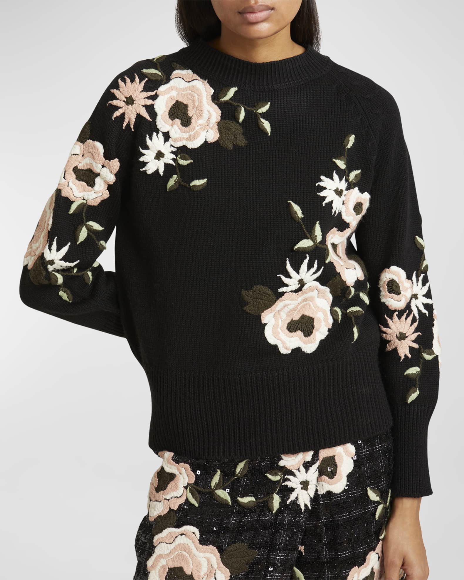 Elie Saab Floral Embroidered Wool Crewneck Sweater | Neiman Marcus