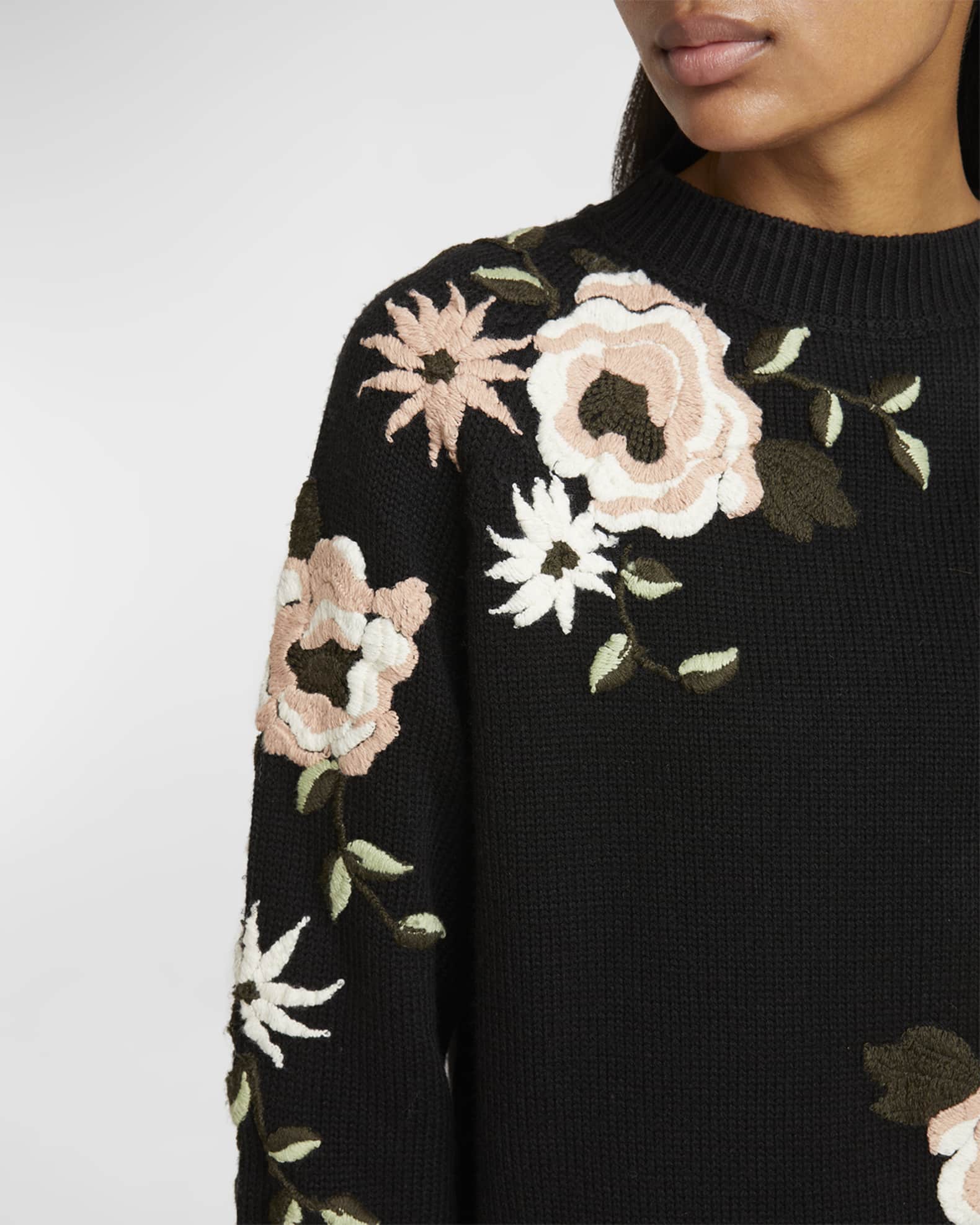 Elie Saab Floral Embroidered Wool Crewneck Sweater | Neiman Marcus