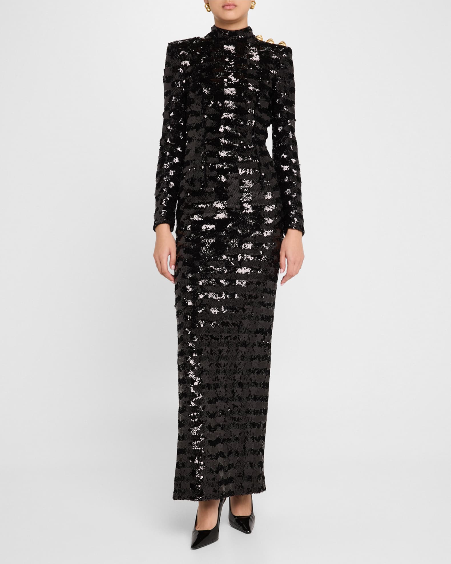 Balmain Three-Button Sequin Embroidered Backless Gown | Neiman Marcus