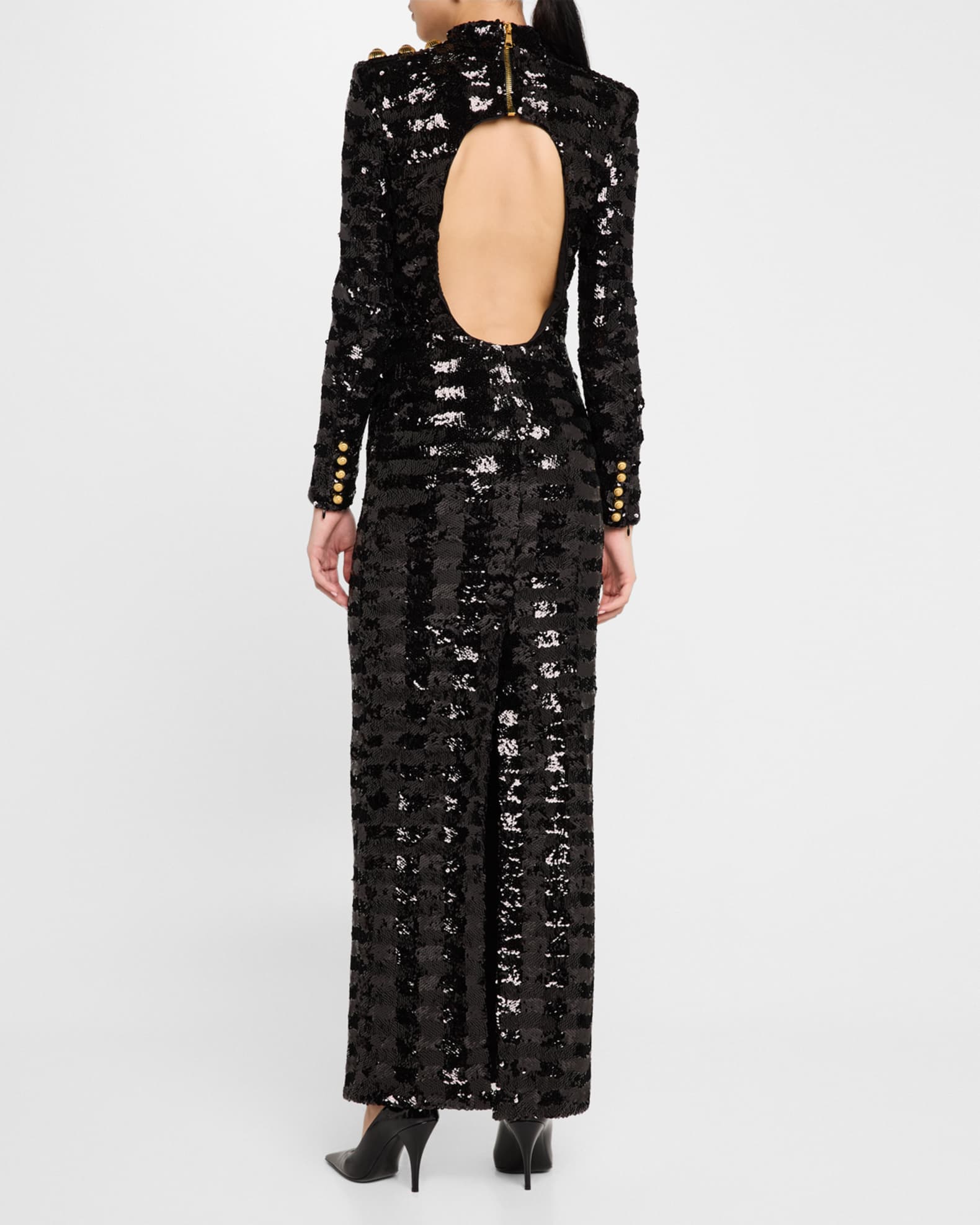 Balmain Three-Button Sequin Embroidered Backless Gown | Neiman Marcus