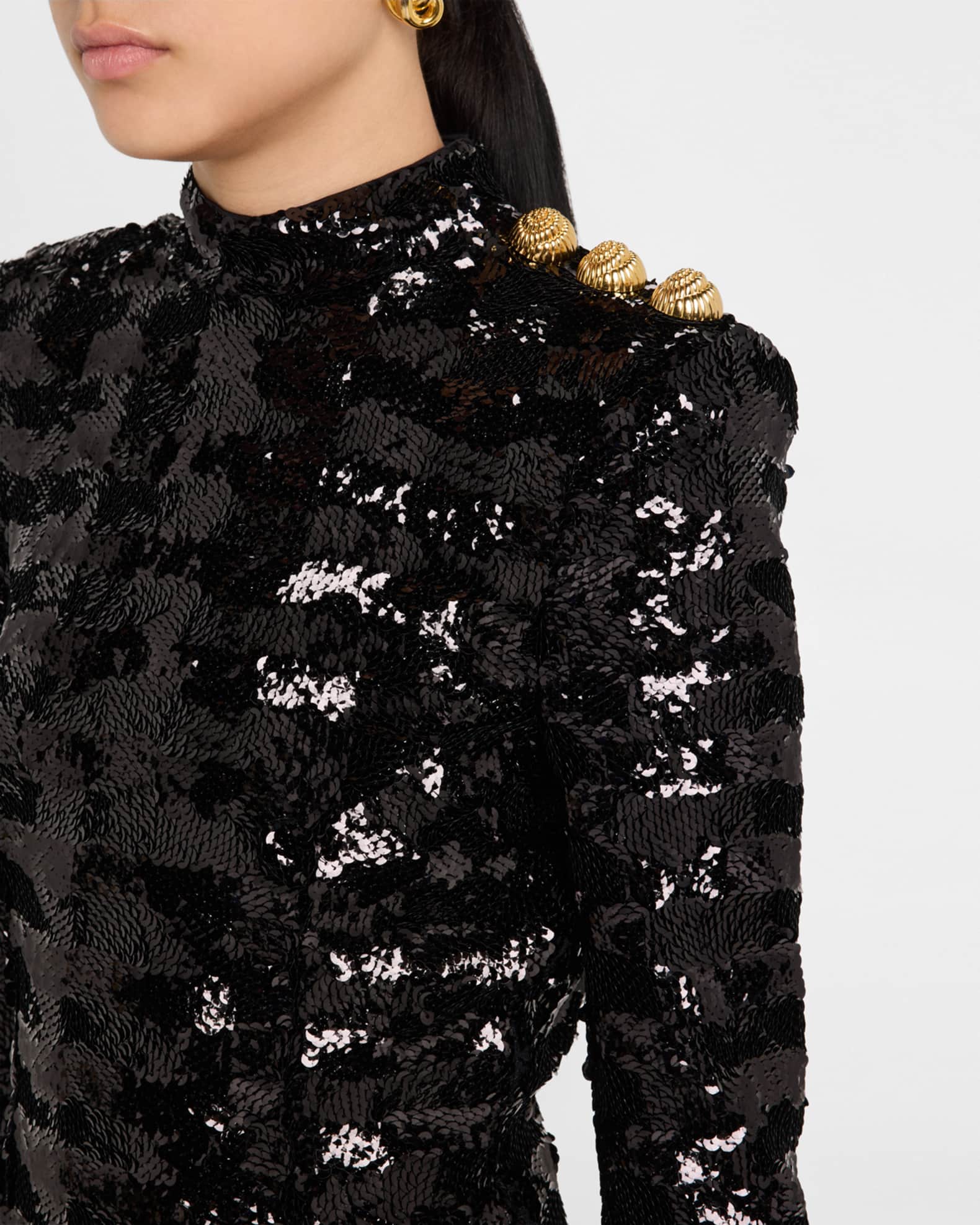 Balmain Three-Button Sequin Embroidered Backless Gown | Neiman Marcus