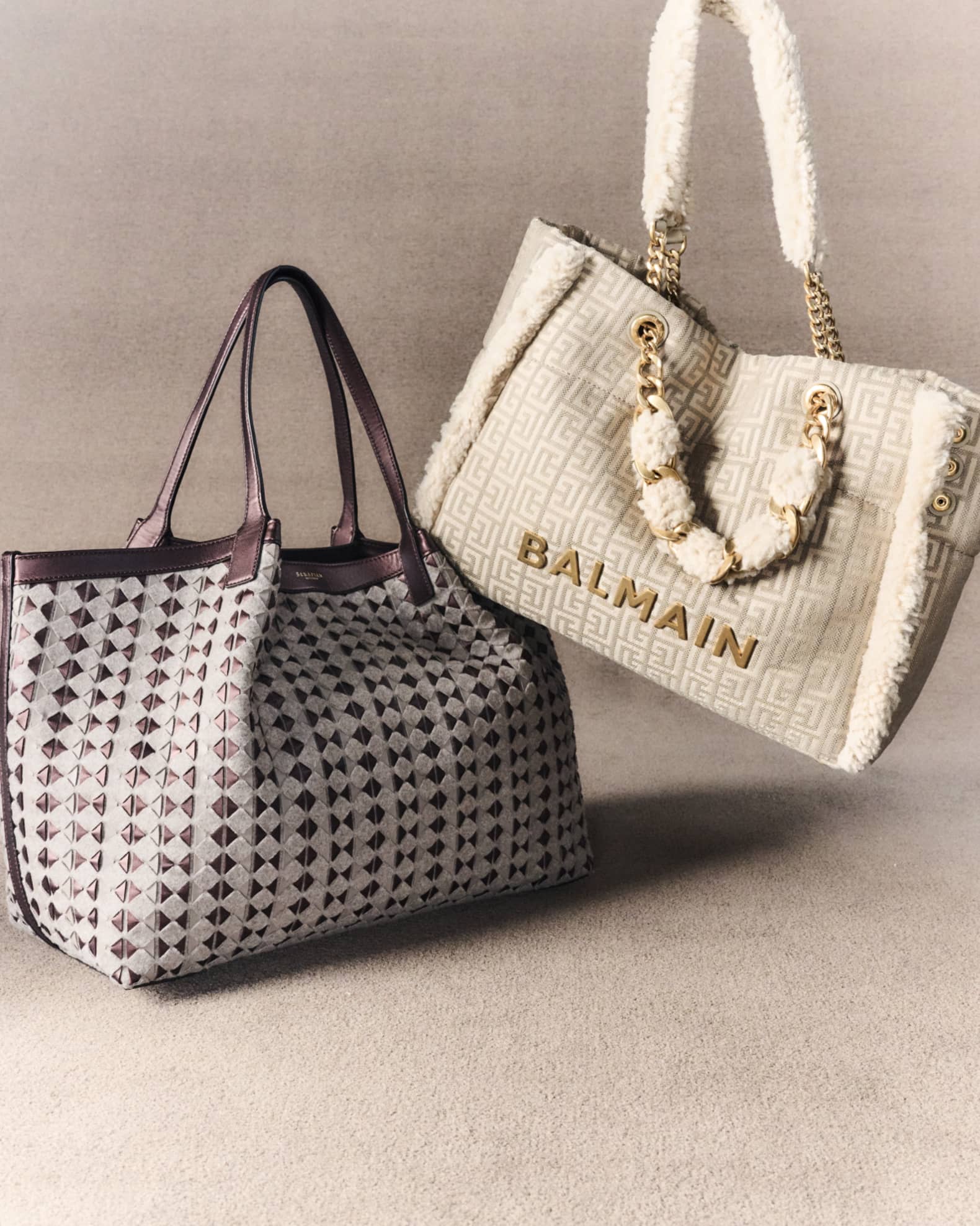 Balmain 1945 Soft Cabas Tote Bag In Jacquard With Shearling | Neiman Marcus