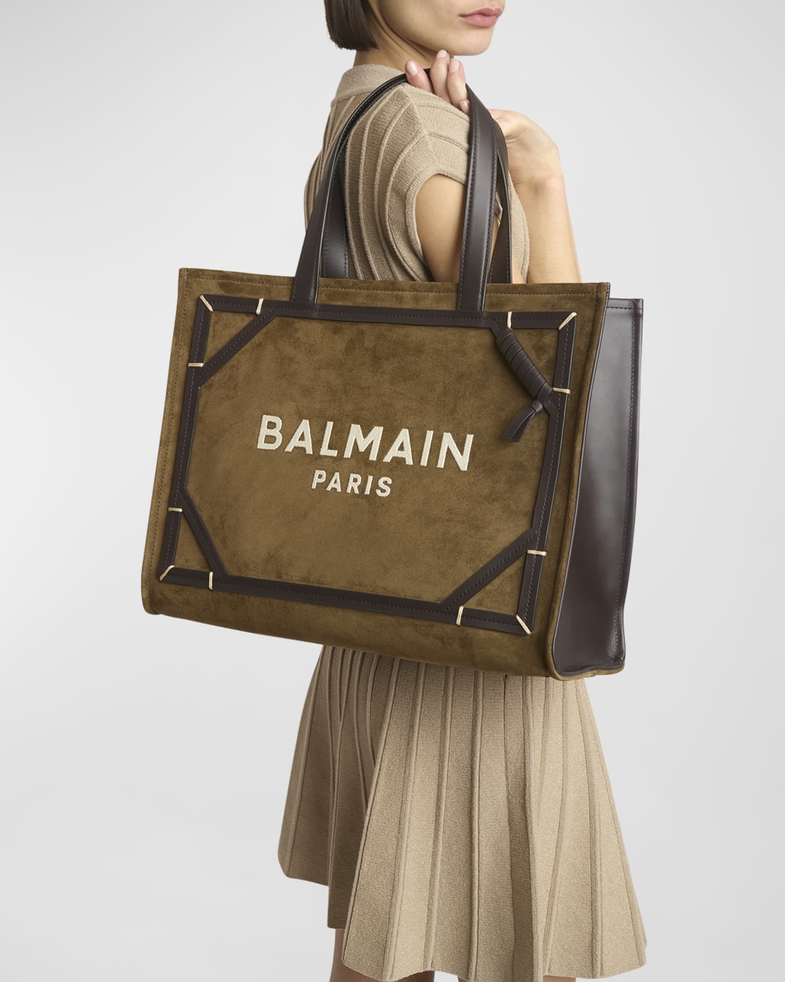 Balmain B Army Medium Shopper Tote Bag in Suede | Neiman Marcus