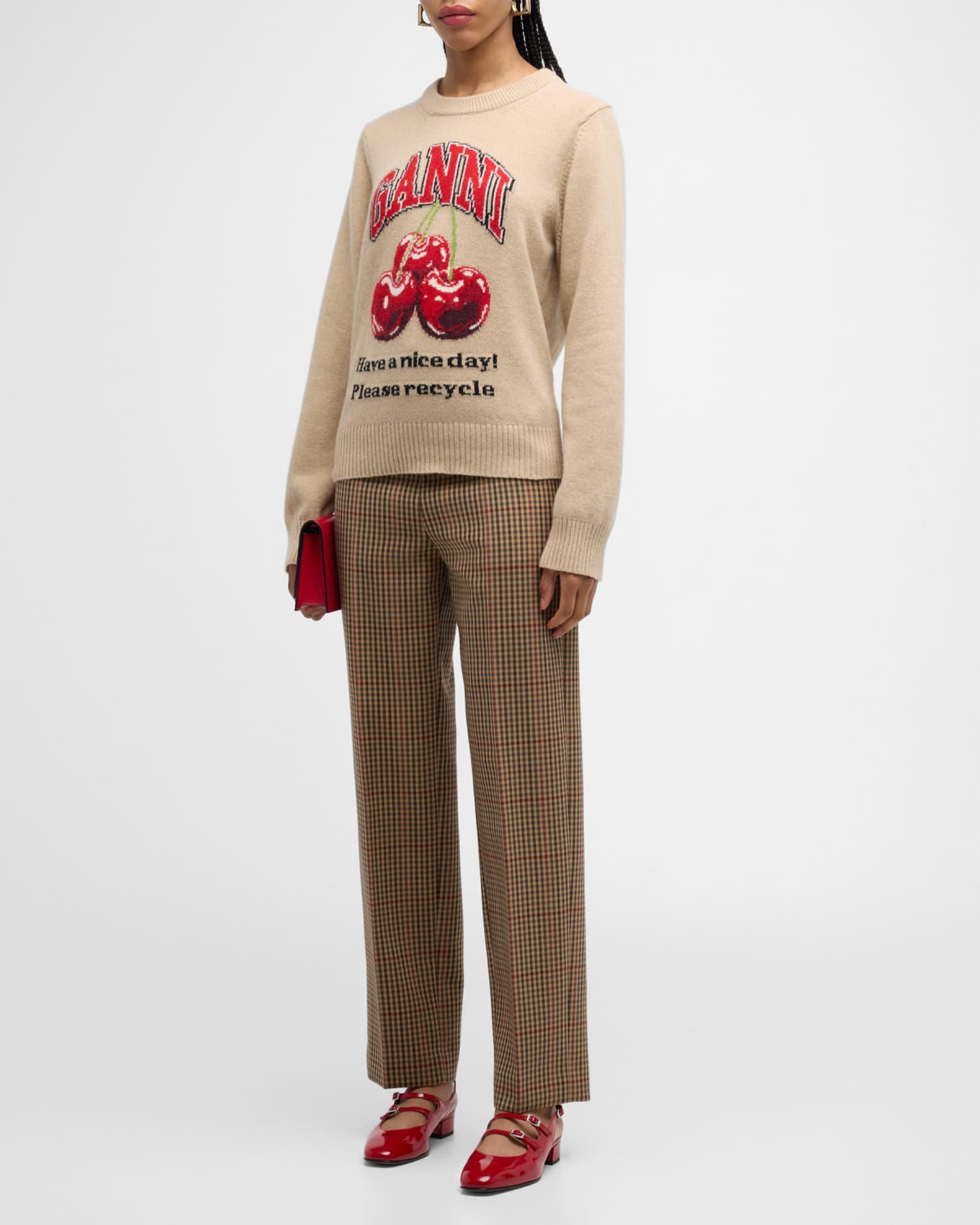 Ganni Graphic Wool Cherry Crewneck Sweater | Neiman Marcus