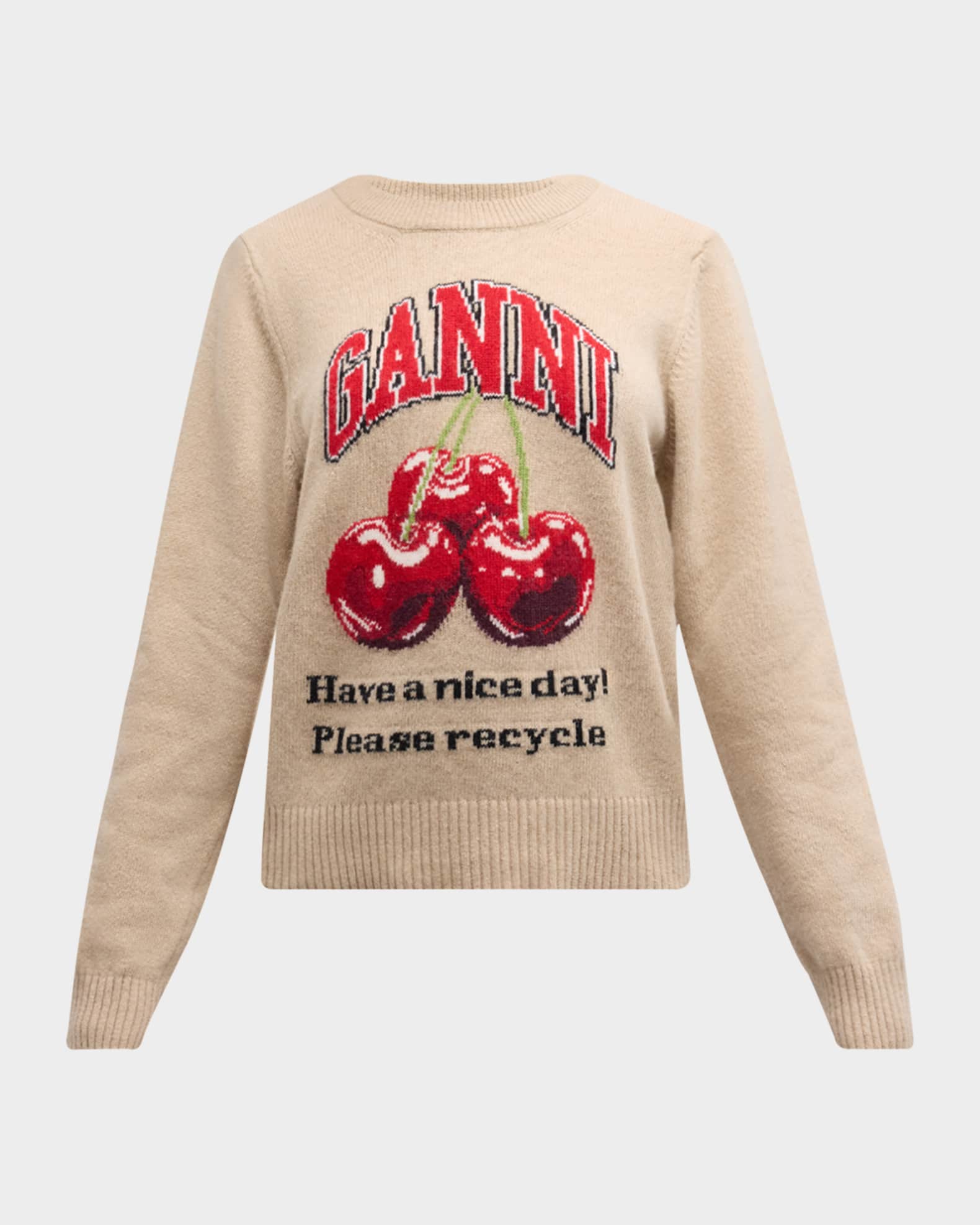Ganni Graphic Wool Cherry Crewneck Sweater | Neiman Marcus