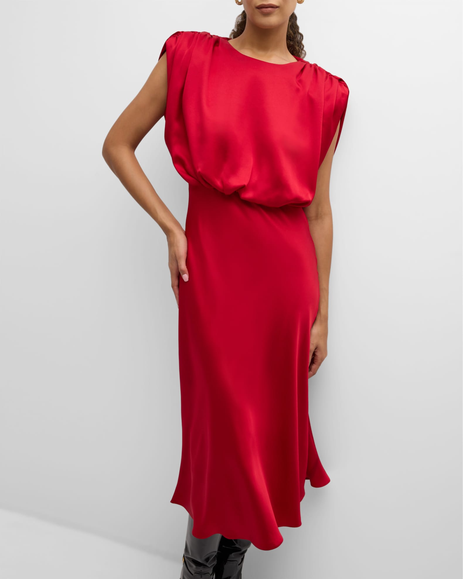 Toccin Flora Sleeveless Blouson Satin Midi Dress | Neiman Marcus