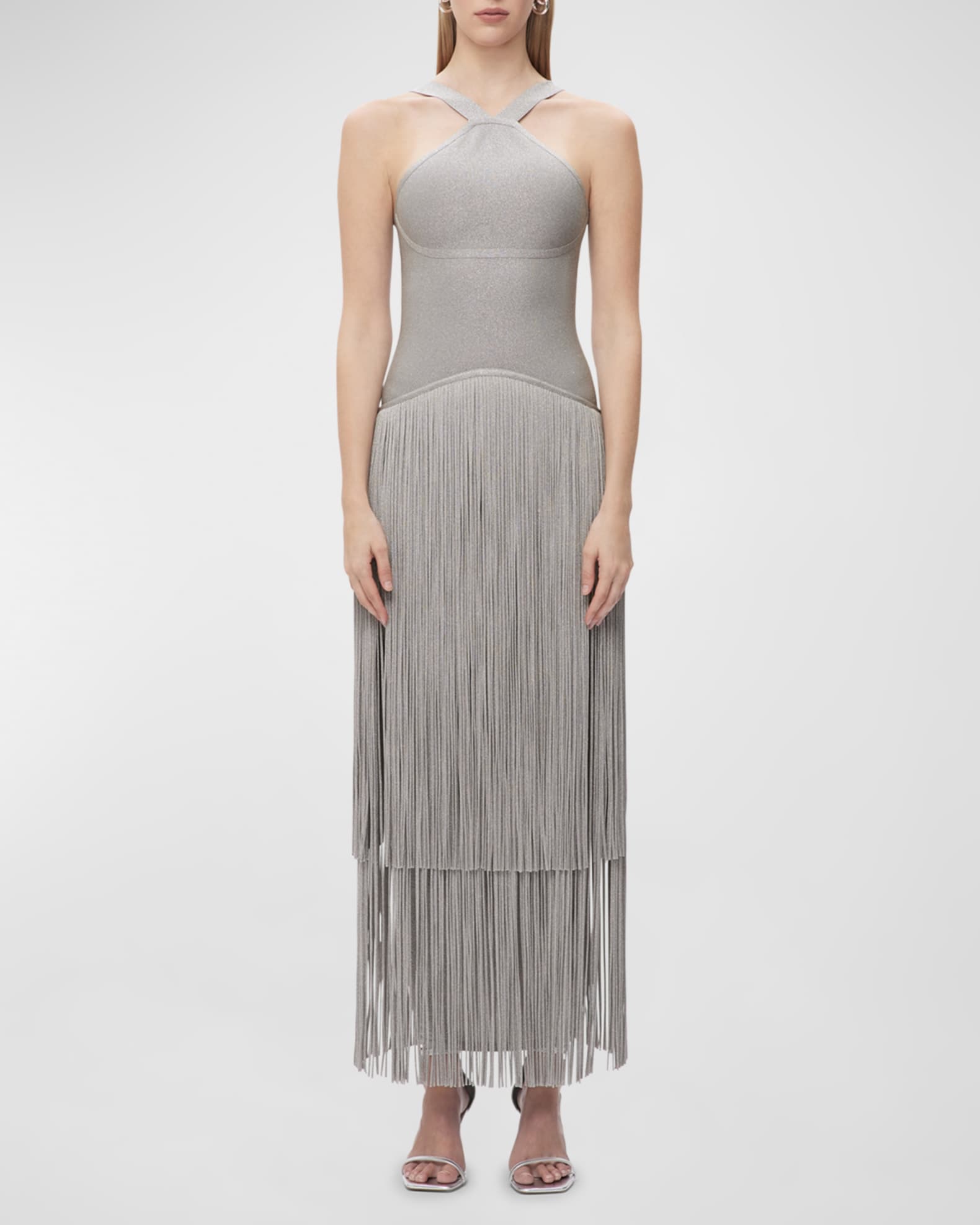 Herve Leger Kennedy Metallic Tiered Fringe Halter Gown | Neiman Marcus