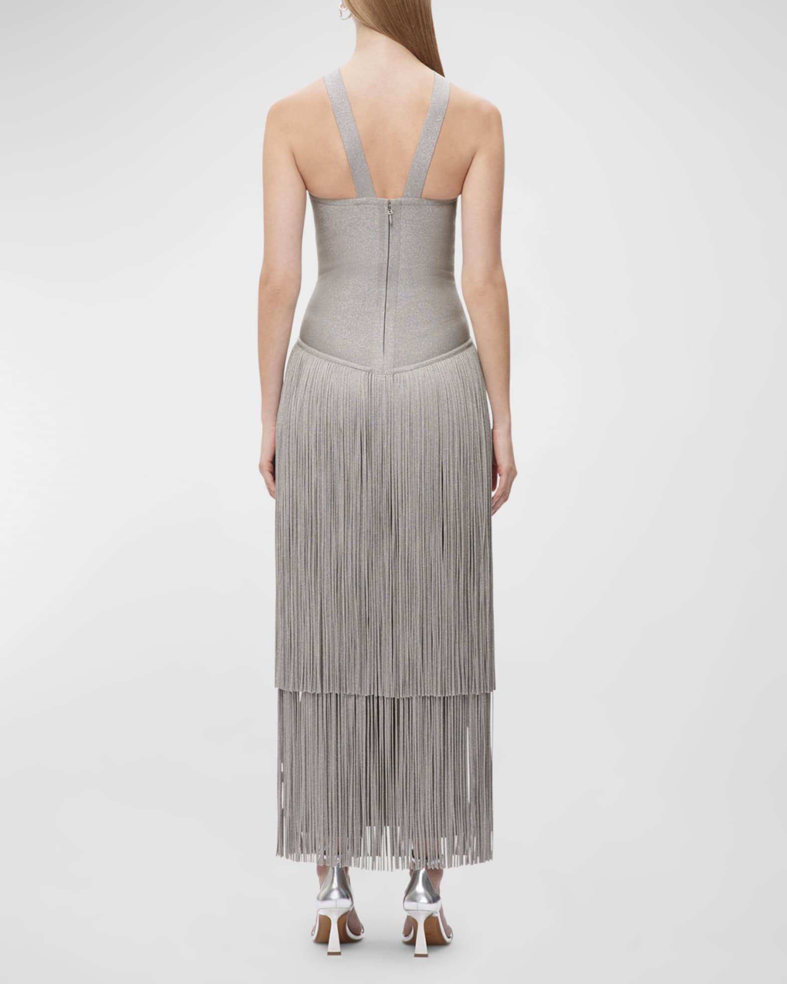 Herve Leger Kennedy Metallic Tiered Fringe Halter Gown | Neiman Marcus