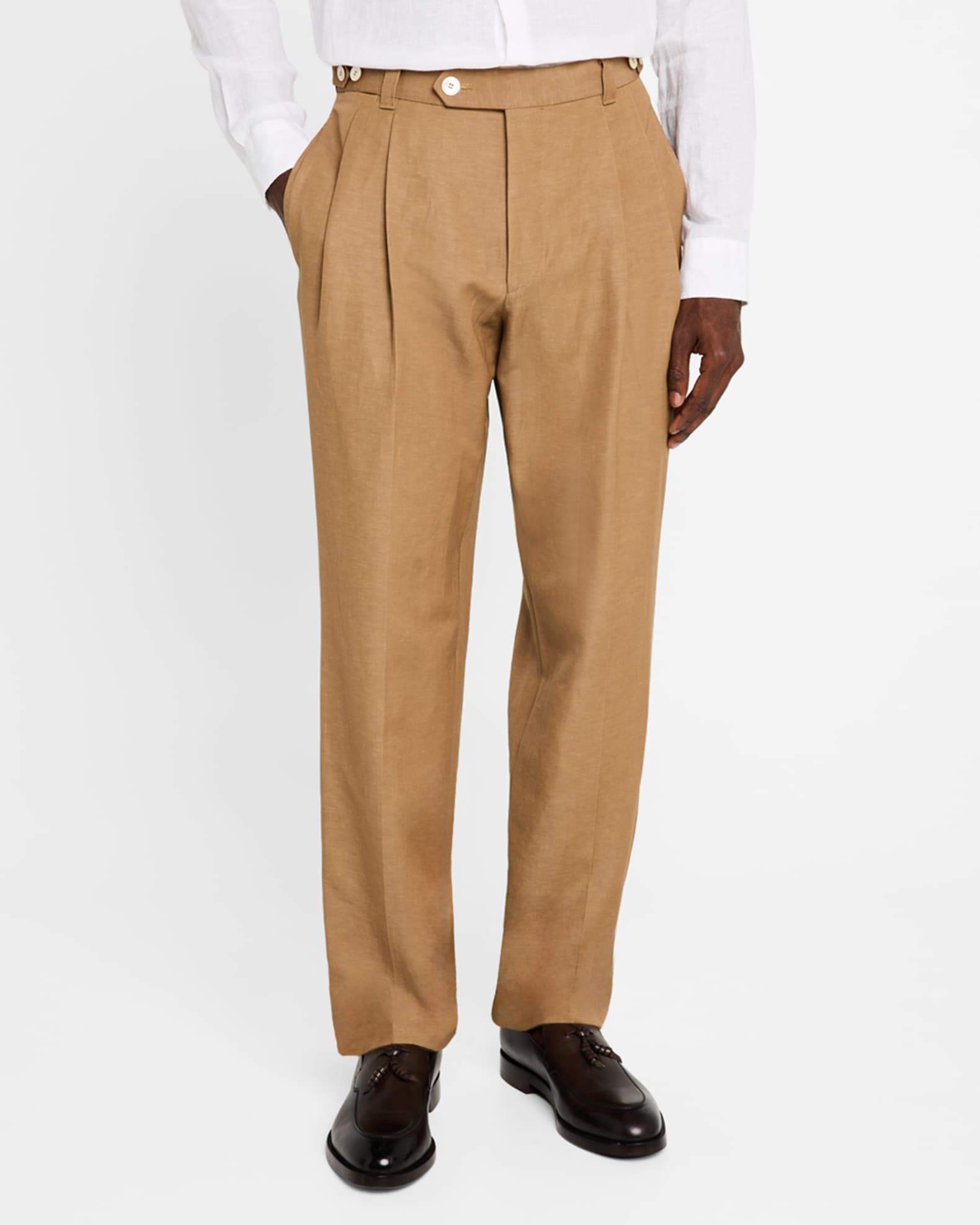 BOSS Camel Men's Wool and Linen Relaxed-Fit Pleated Trousers | Neiman ...