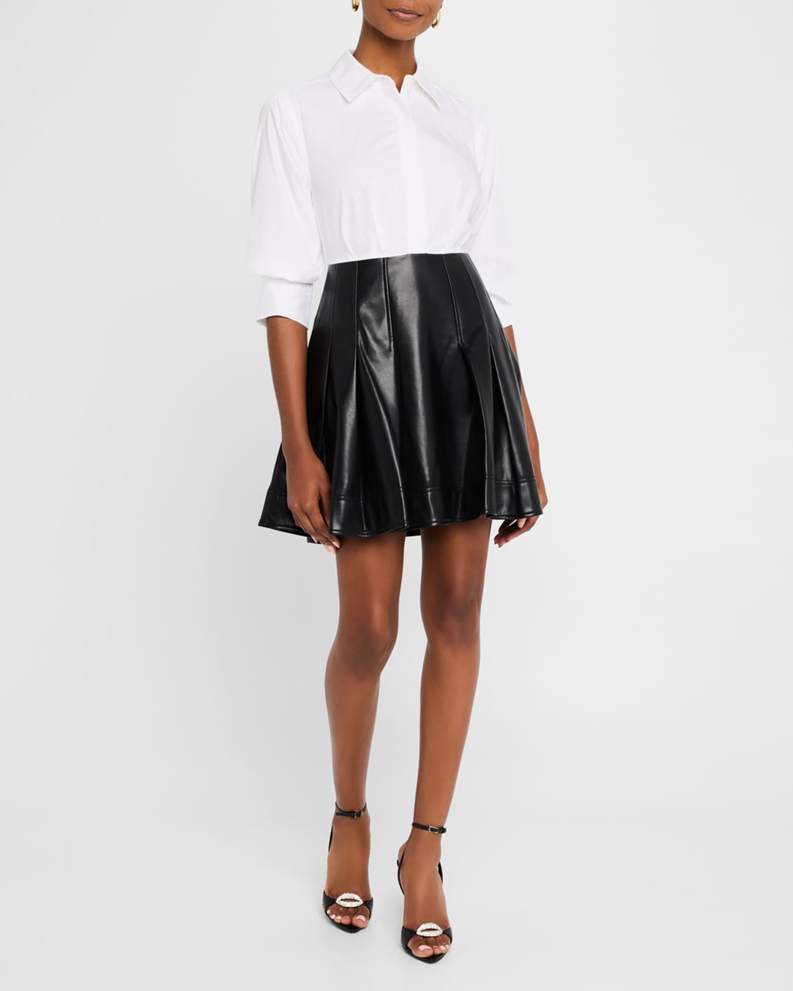 SIMKHAI Padma Poplin & Faux Leather Combo Mini Shirtdress | Neiman Marcus