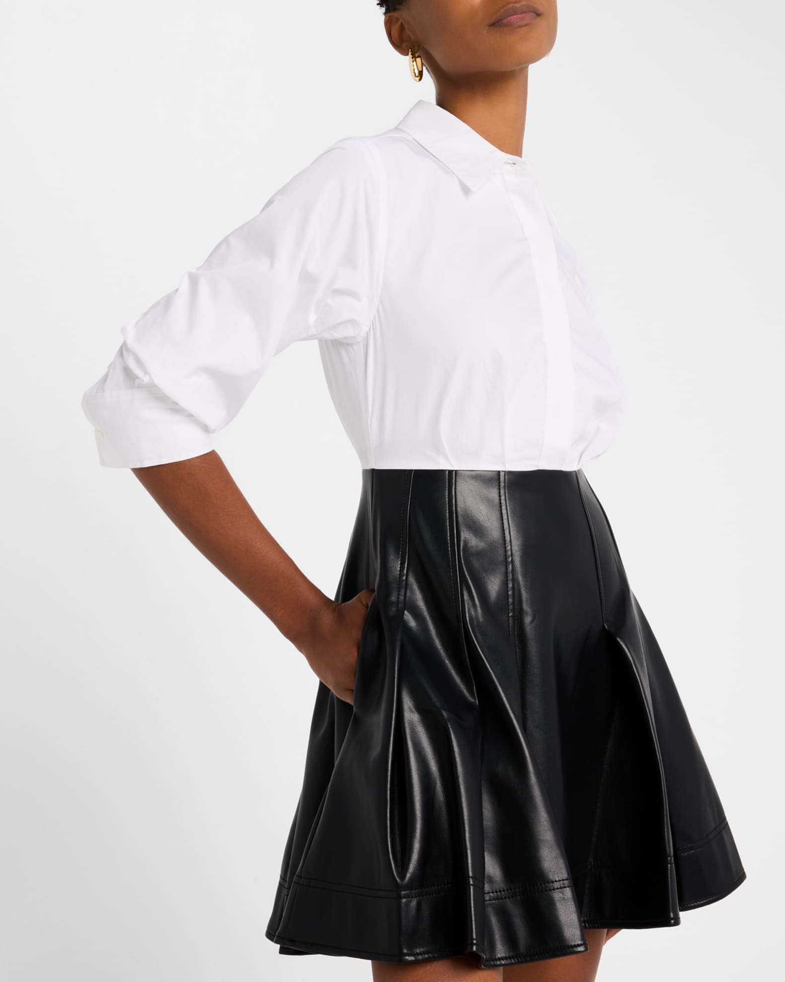 SIMKHAI Padma Poplin & Faux Leather Combo Mini Shirtdress | Neiman Marcus