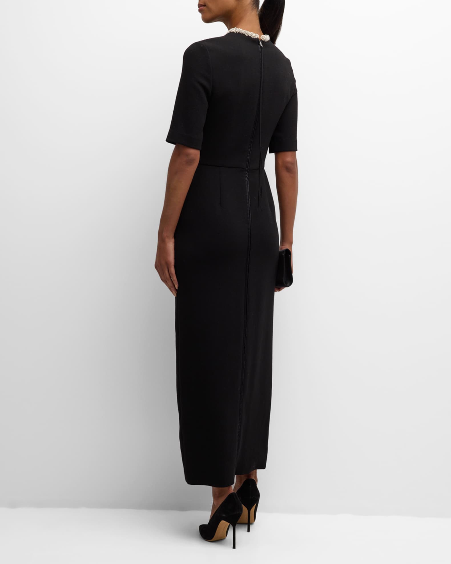 Adam Lippes Crystal Neck Short-Sleeve Wool Crepe Midi Dress | Neiman Marcus
