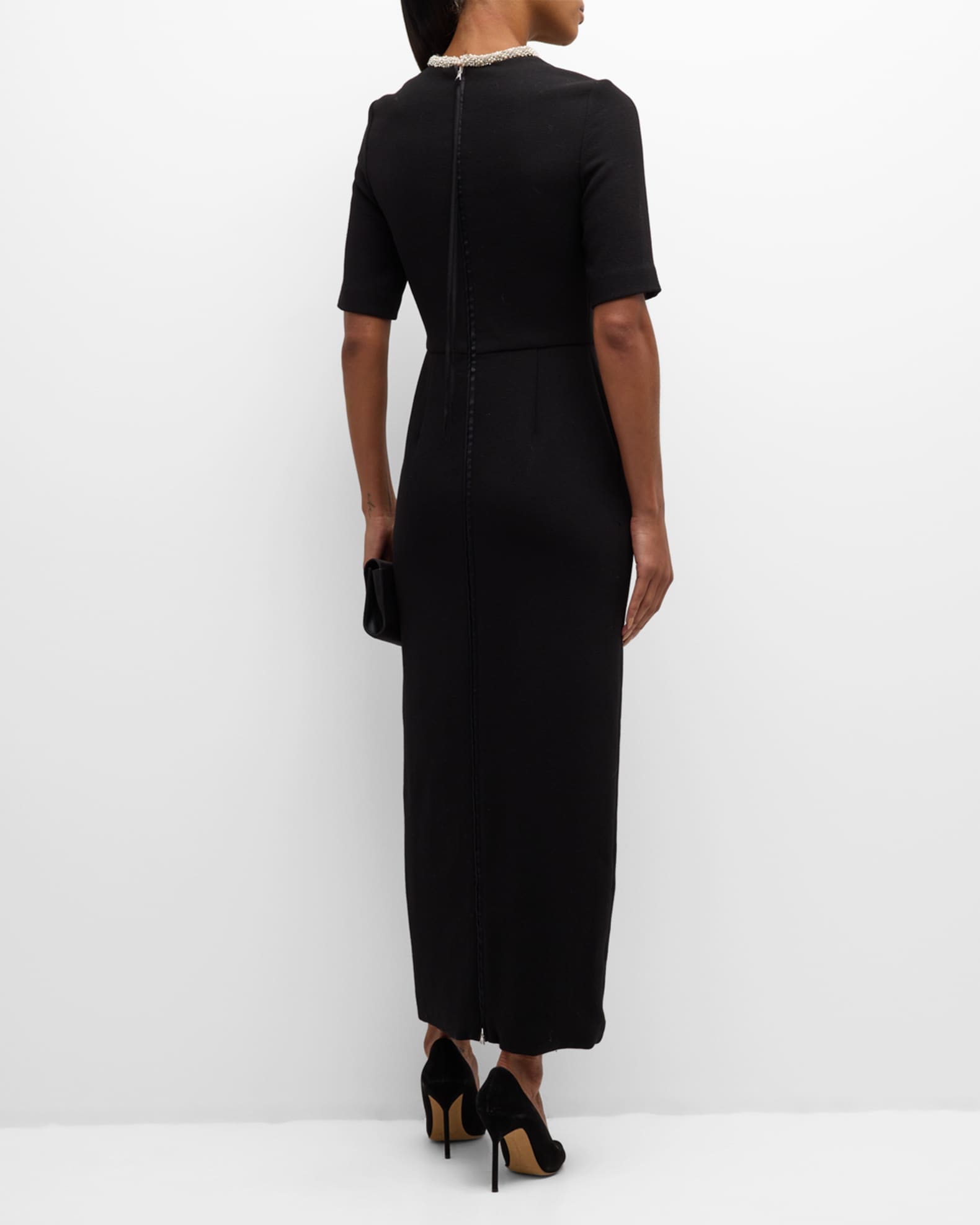 Adam Lippes Crystal Neck Short-Sleeve Wool Crepe Midi Dress | Neiman Marcus