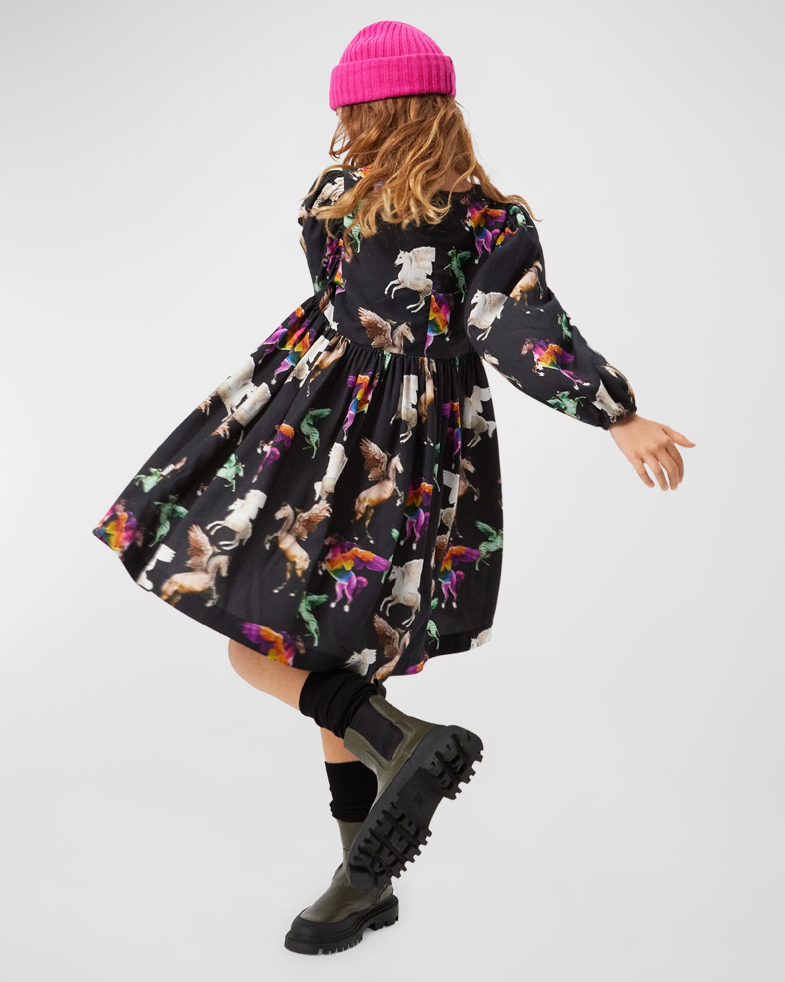 Molo Girl's Cocos Horse-Print Puff Sleeve Dress, Size 7-12 | Neiman Marcus