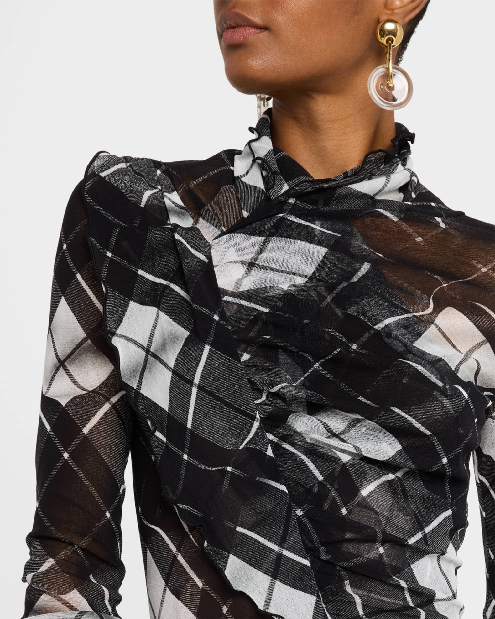 Jean Paul Gaultier Distorted Tartan-Print Draped Mesh Long-Sleeve Top ...