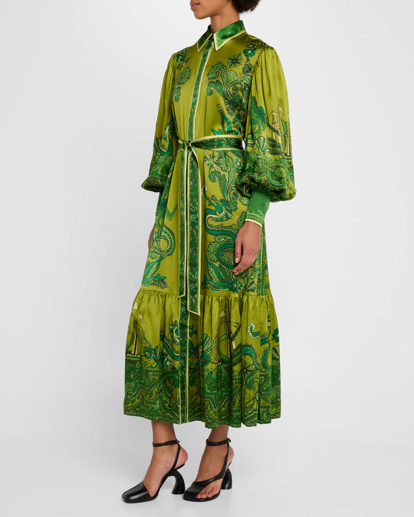 ALEMAIS Solaris Silk Twill Belted Lantern-Sleeve Maxi Shirtdress ...