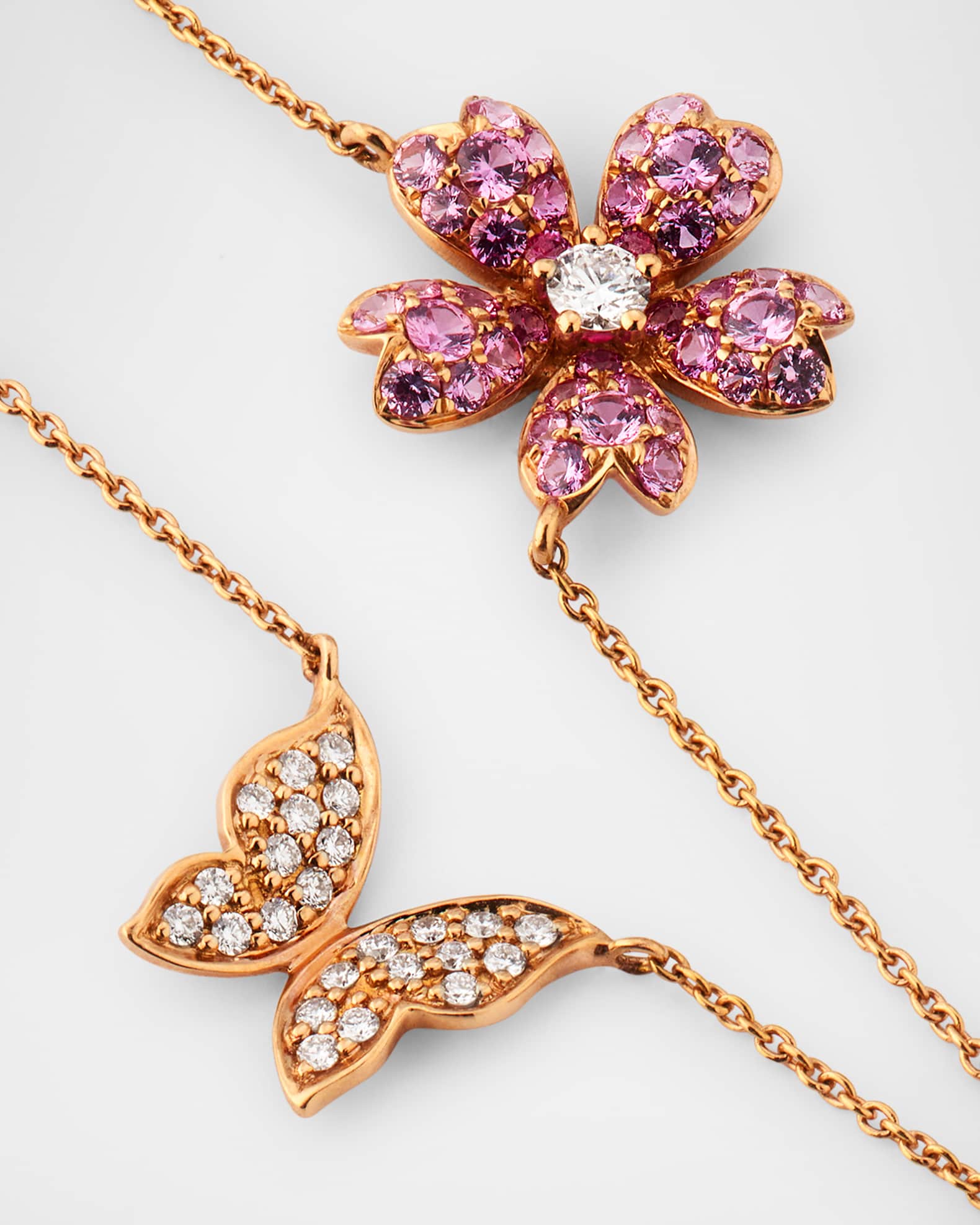 Lisa Nik Rainbow 18K Rose Gold Pink Sapphire Flower & Butterfly Diamond ...