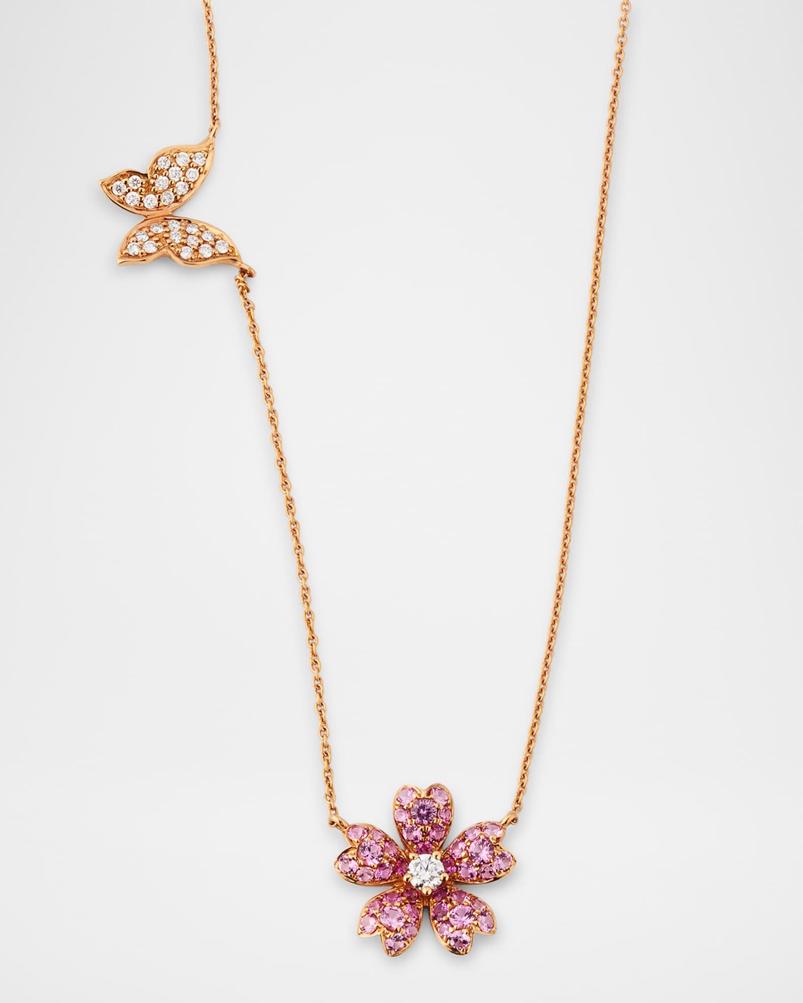 Lisa Nik Rainbow 18K Rose Gold Pink Sapphire Flower & Butterfly Diamond Necklace | Neiman Marcus