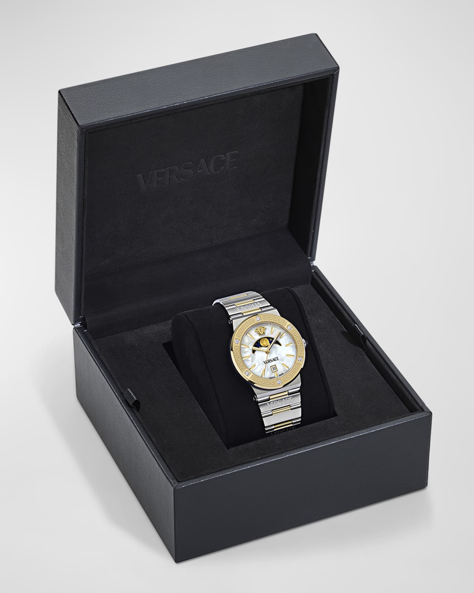 Versace 38mm Greca Logo Moonphase Watch with Bracelet Strap, Two Tone ...
