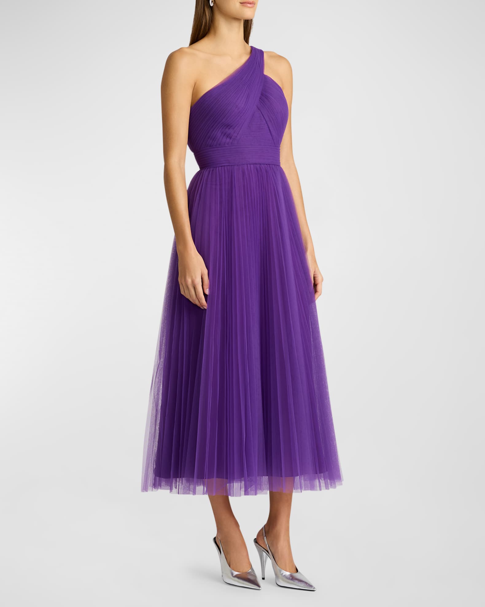 Zac Posen One-Shoulder Pleated Tulle Midi Dress | Neiman Marcus