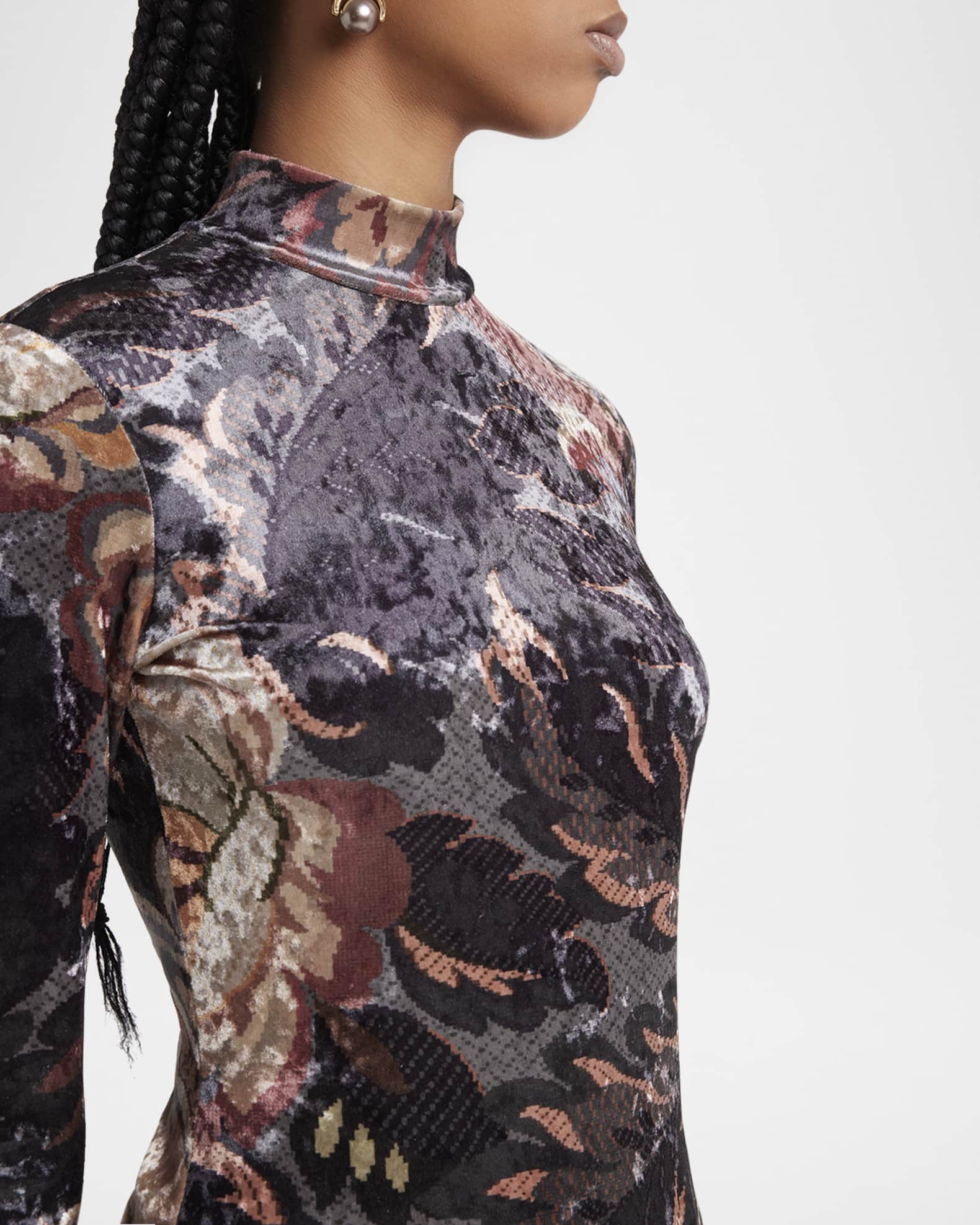 Etro Mock-Neck Long-Sleeve Panné Velvet Top | Neiman Marcus