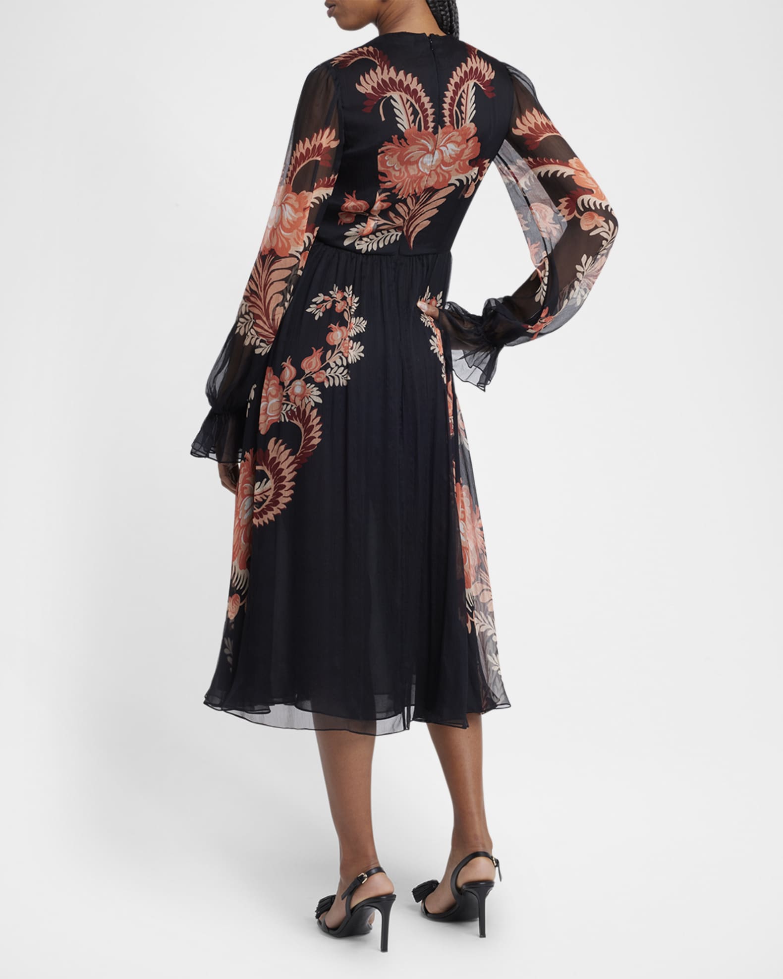 Etro Floral Silk Chiffon Long-Sleeved Midi Dress | Neiman Marcus