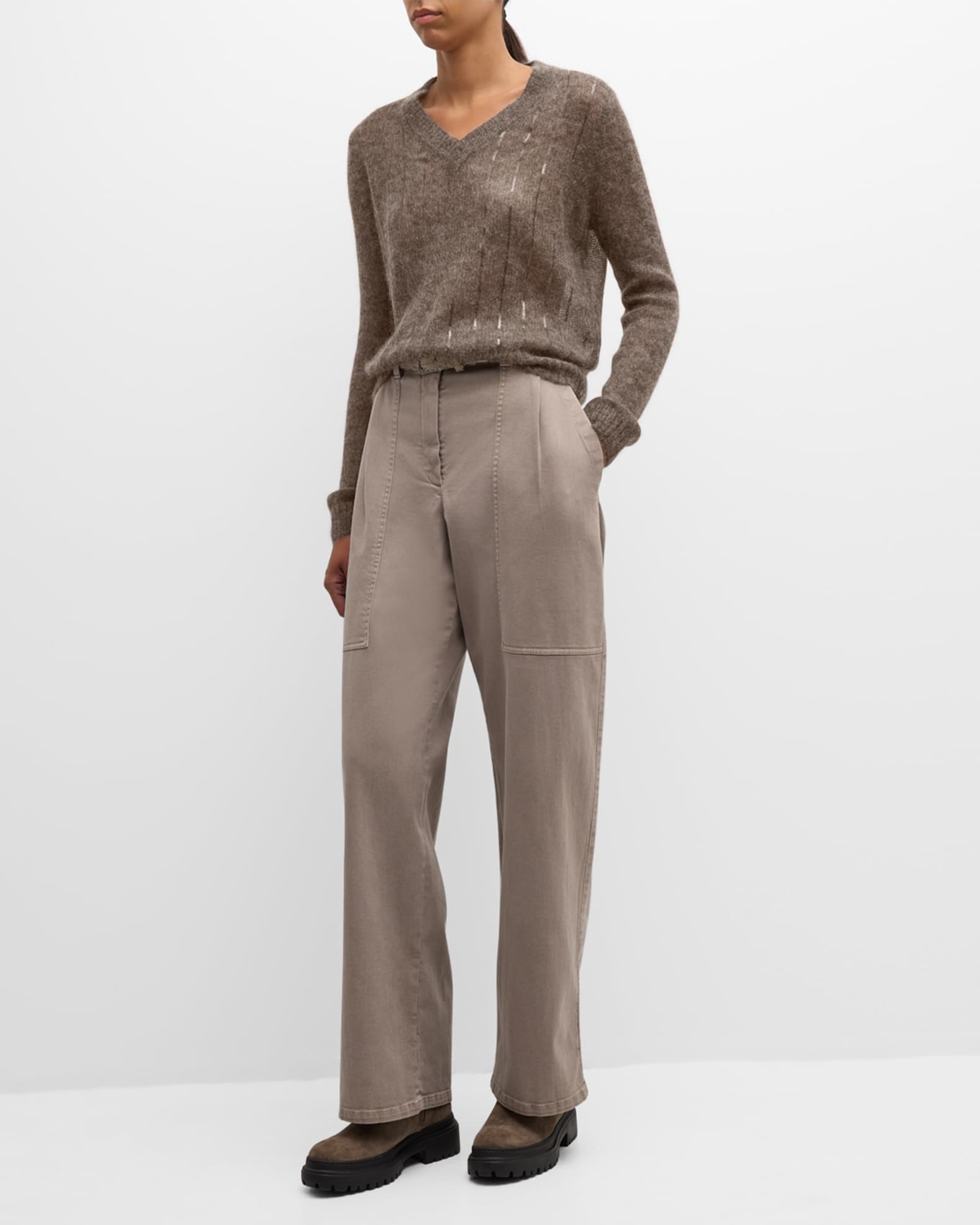 Brunello Cucinelli Tonal Sequin Pinstripe V-Neck Mohair Sweater ...