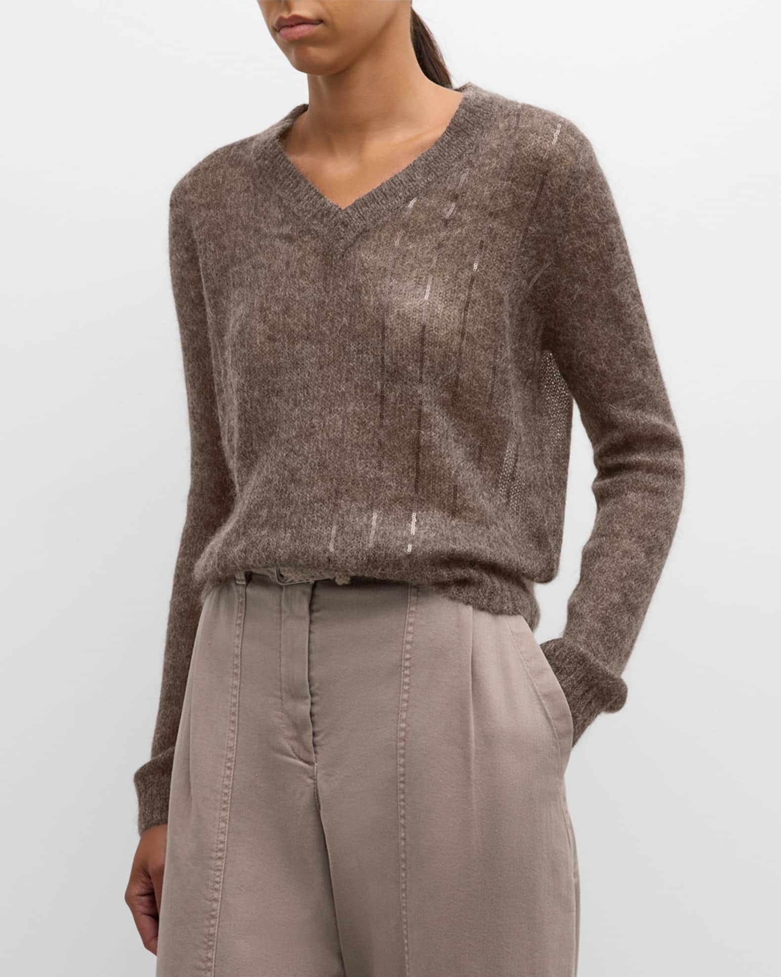 Brunello Cucinelli Tonal Sequin Pinstripe V-Neck Mohair Sweater ...
