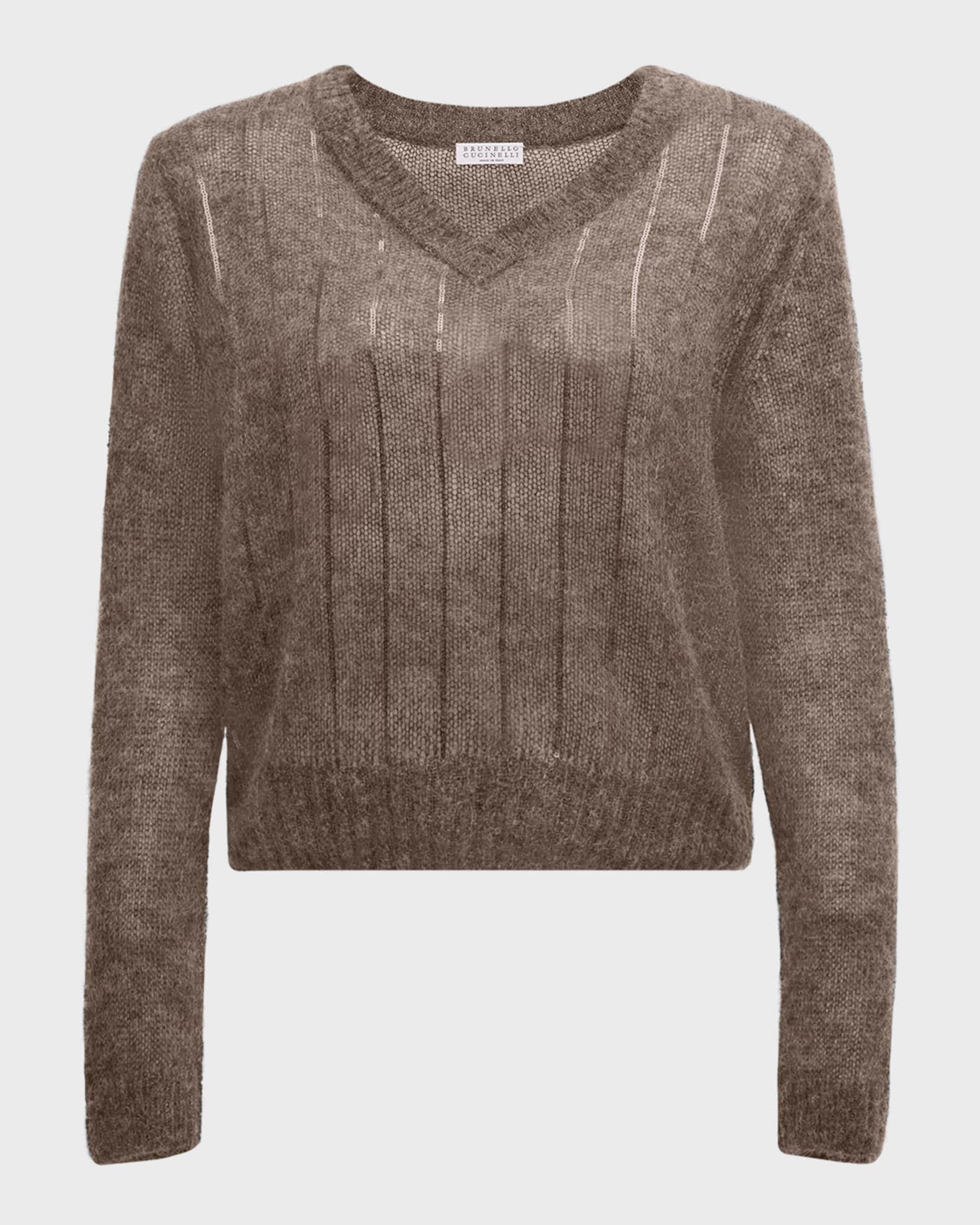 Brunello Cucinelli Tonal Sequin Pinstripe V-Neck Mohair Sweater ...