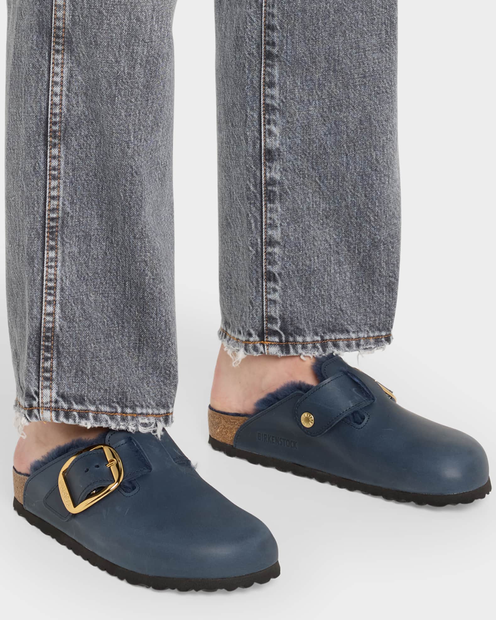BIRKENSTOCK Boston Suede Shearling Buckle Slide Clogs | Neiman Marcus