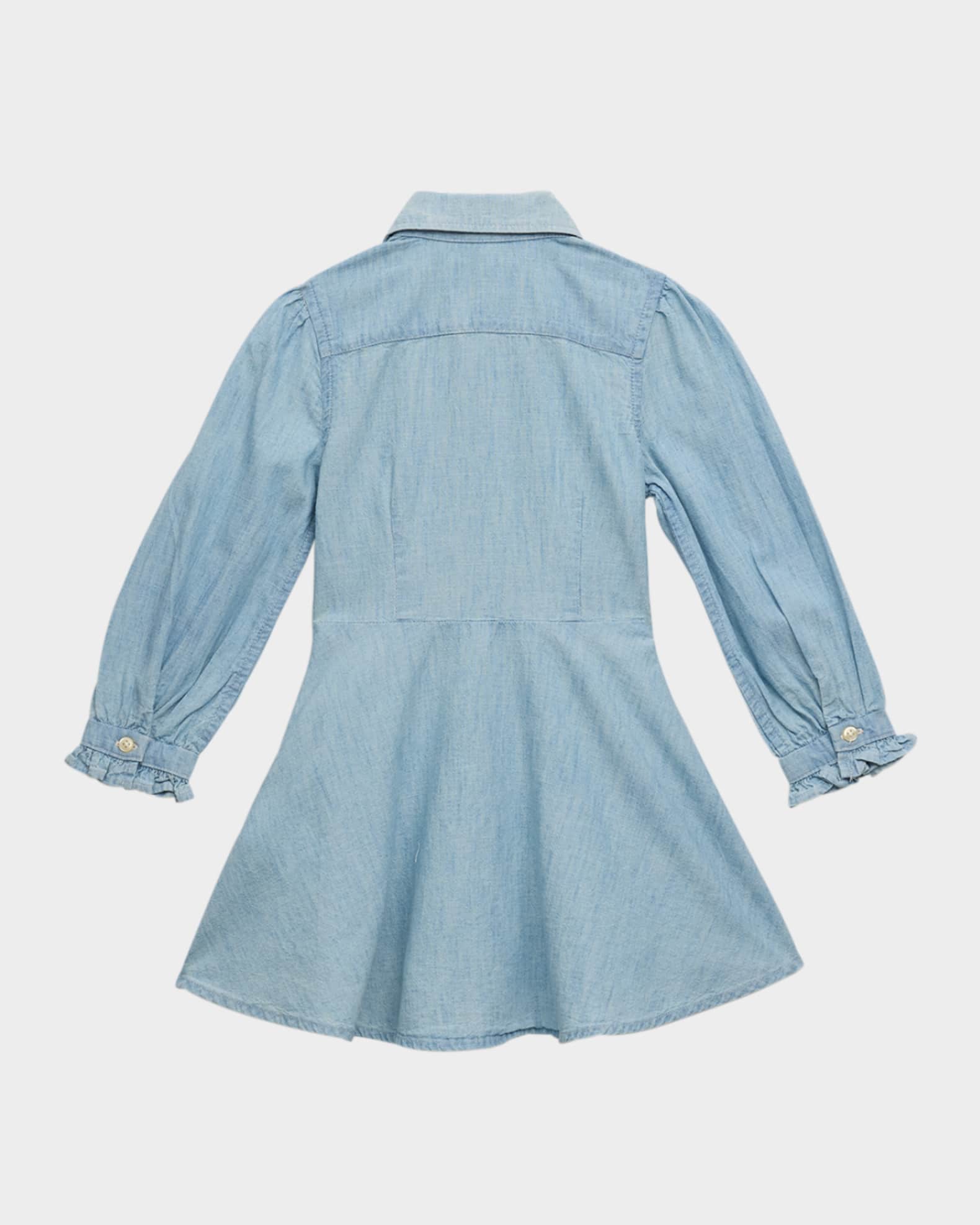 Girl's Chambray Floral-Trim Frill Dress | Neiman Marcus