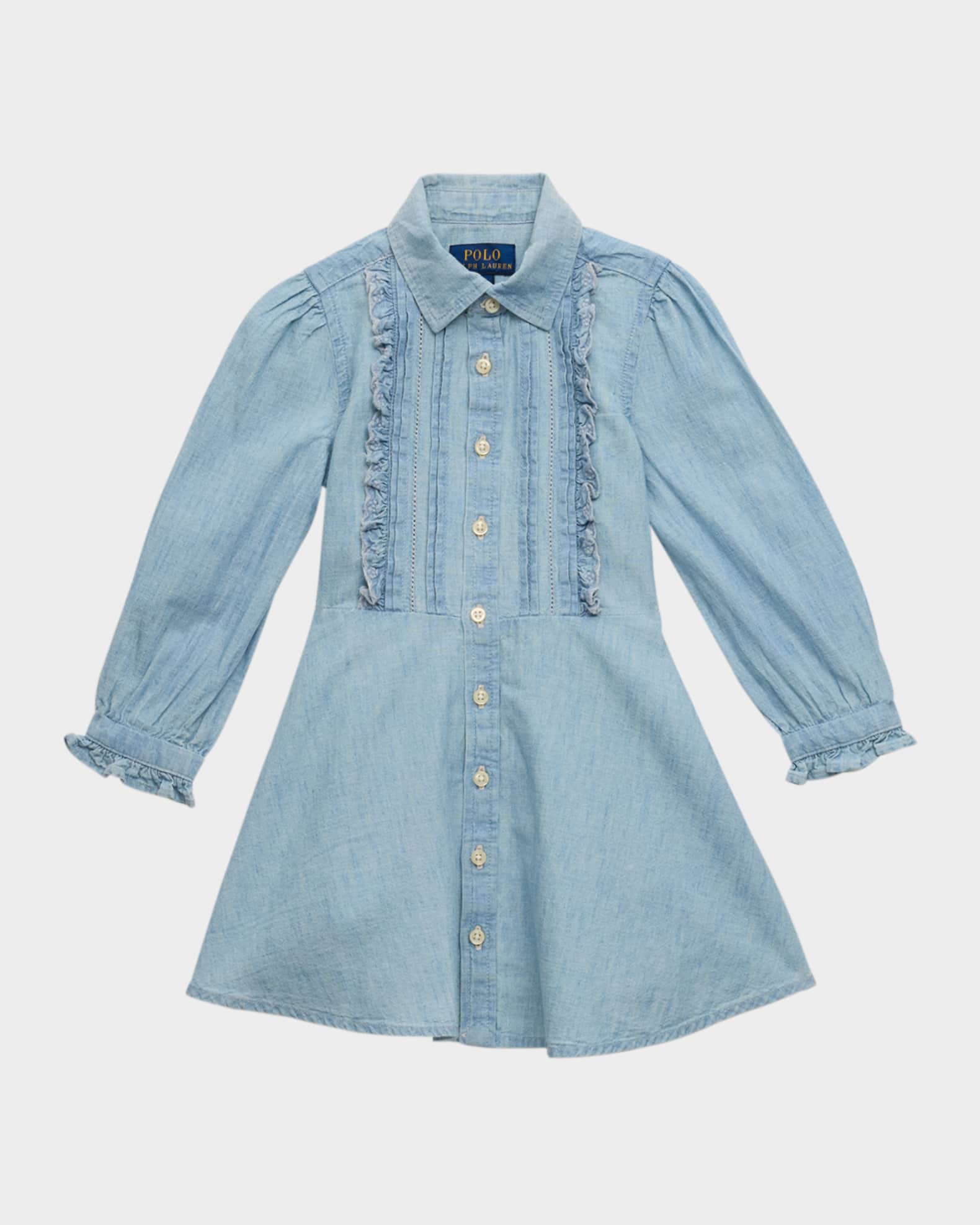 Girl's Chambray Floral-Trim Frill Dress | Neiman Marcus