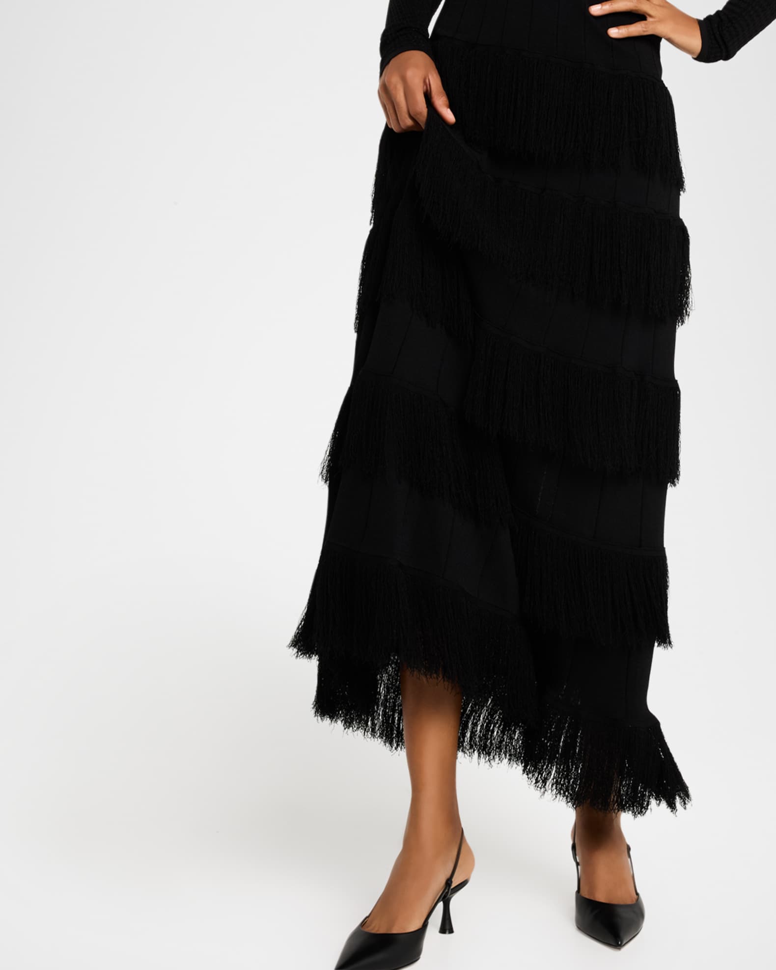 Lela Rose Piper Tiered Fringe Pointelle-Knit Maxi Dress | Neiman Marcus