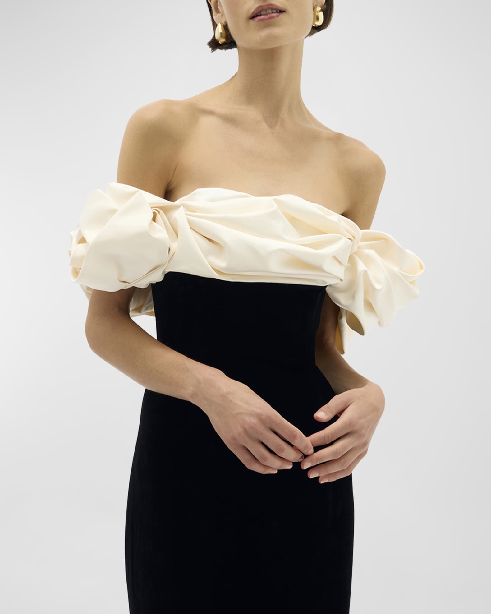 Rachel Gilbert Virgo Scrunched Off-Shoulder Gown | Neiman Marcus