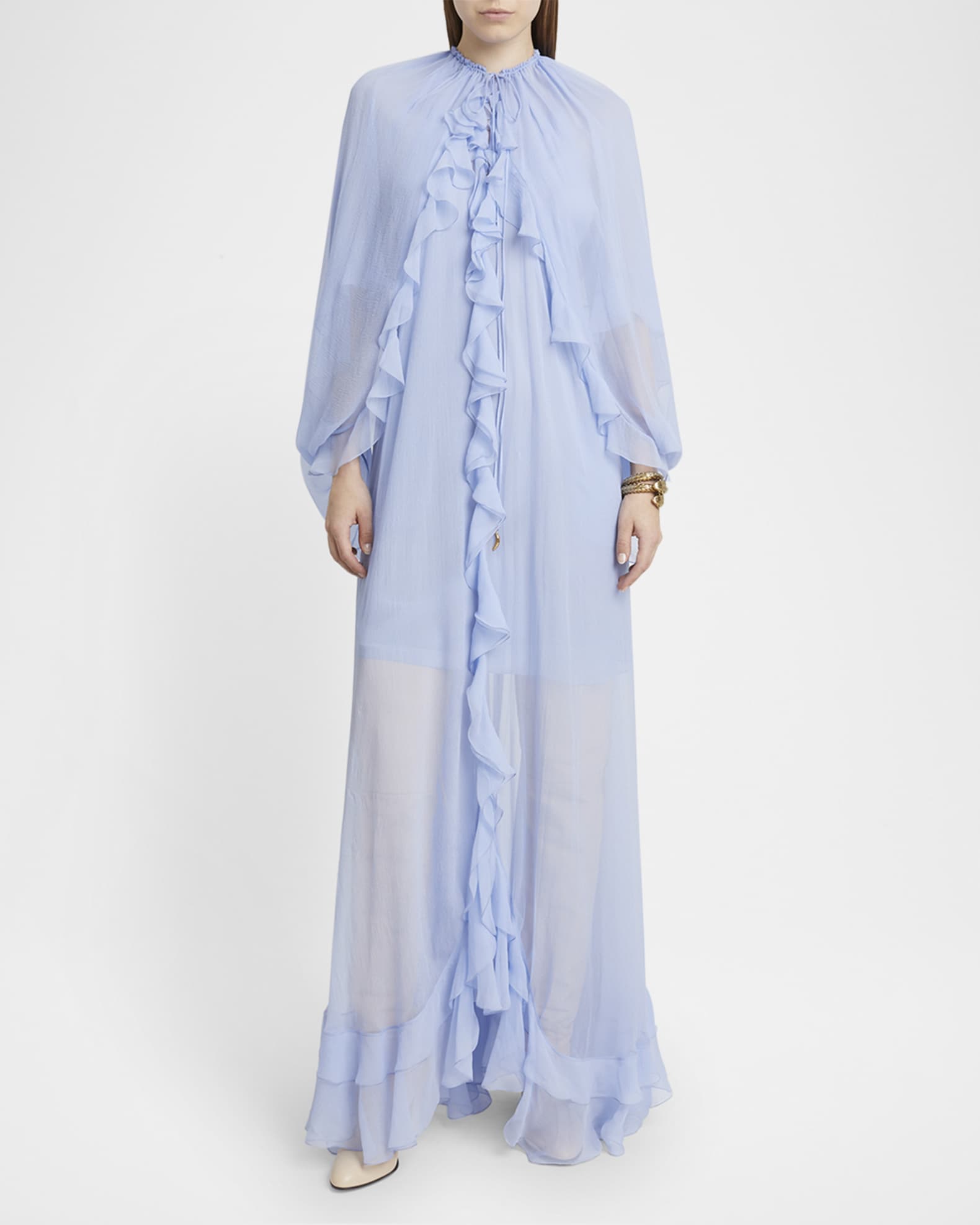 Chloe Long Ruffle-Trim Silk Mousseline Dress | Neiman Marcus