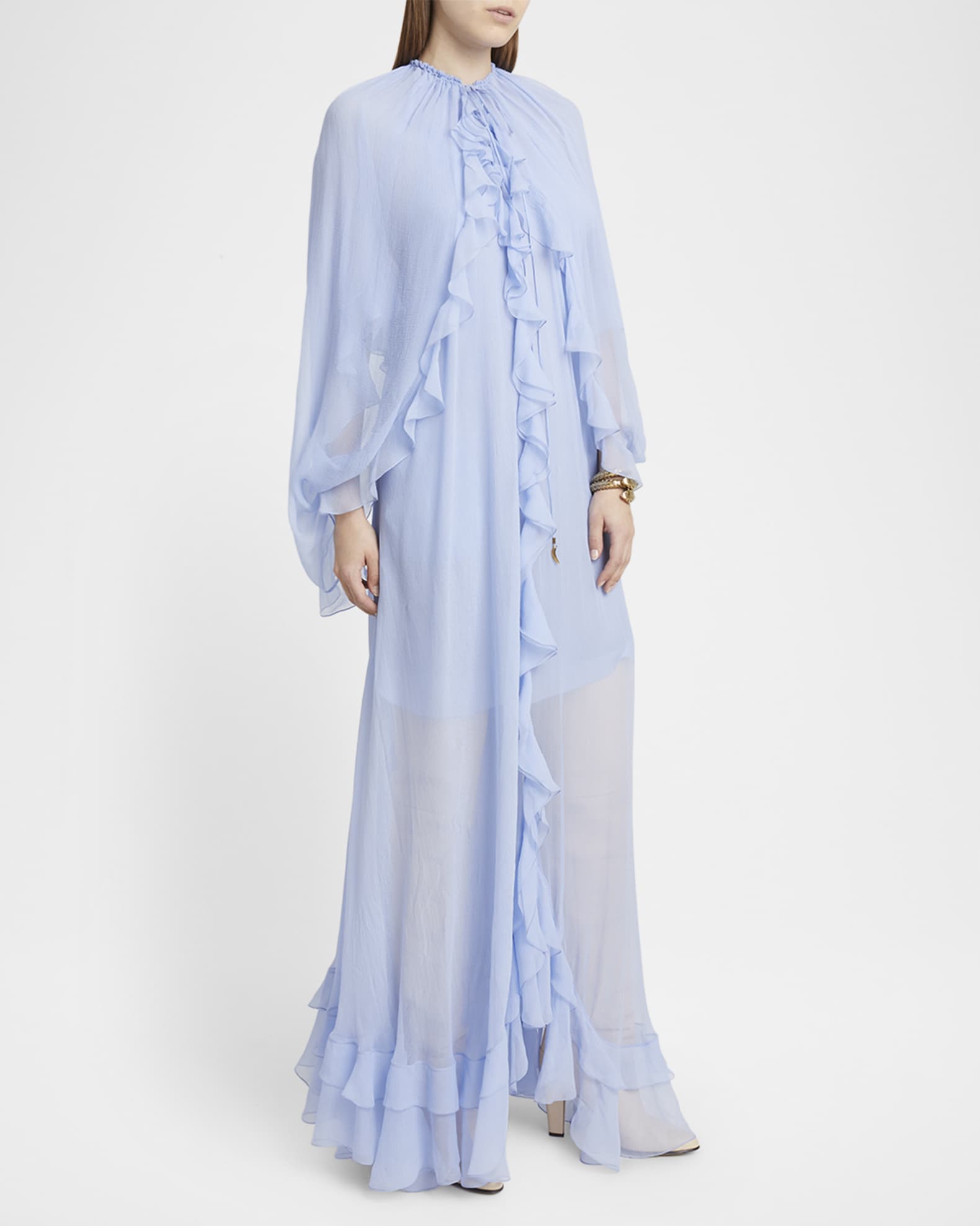 Chloe Long Ruffle-Trim Silk Mousseline Dress | Neiman Marcus