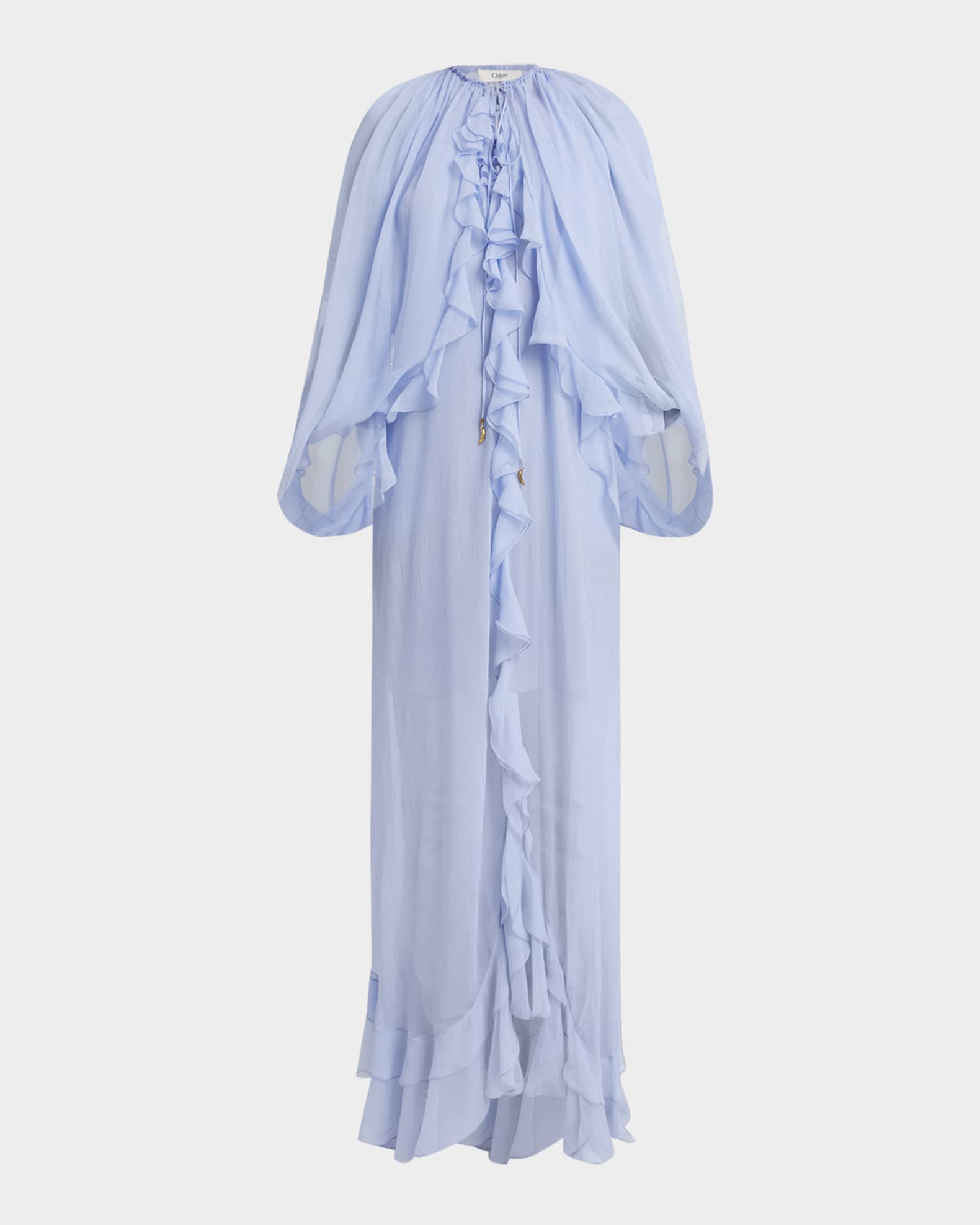 Chloe Long Ruffle-Trim Silk Mousseline Dress | Neiman Marcus