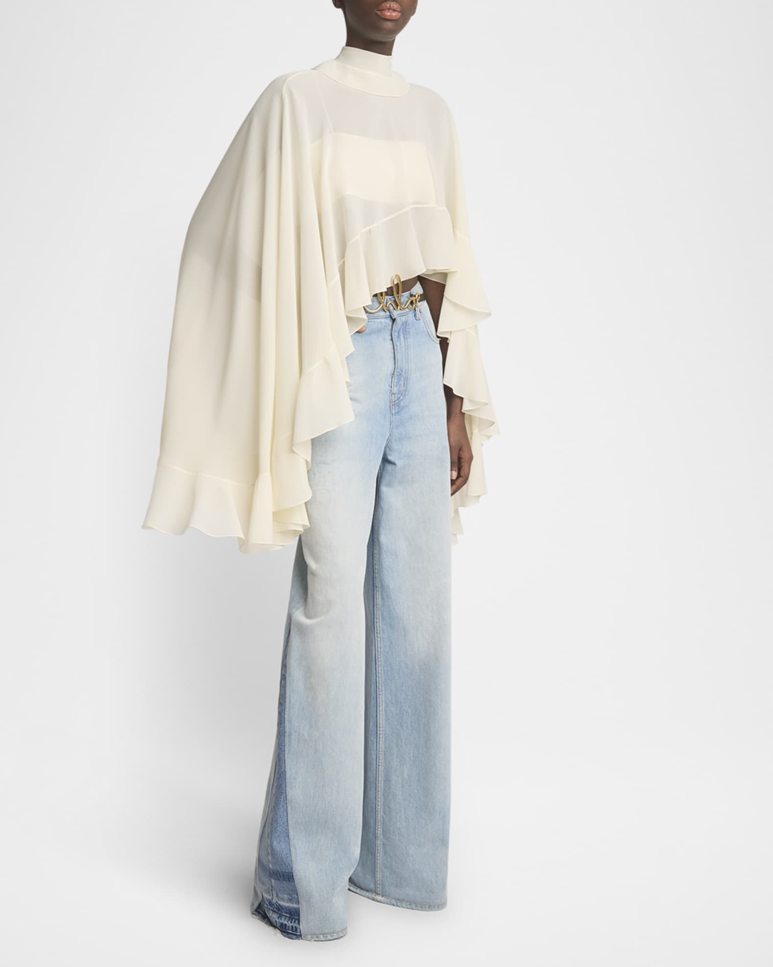 Chloe High Neck Ruffle Sleeve Asymmetric Top | Neiman Marcus