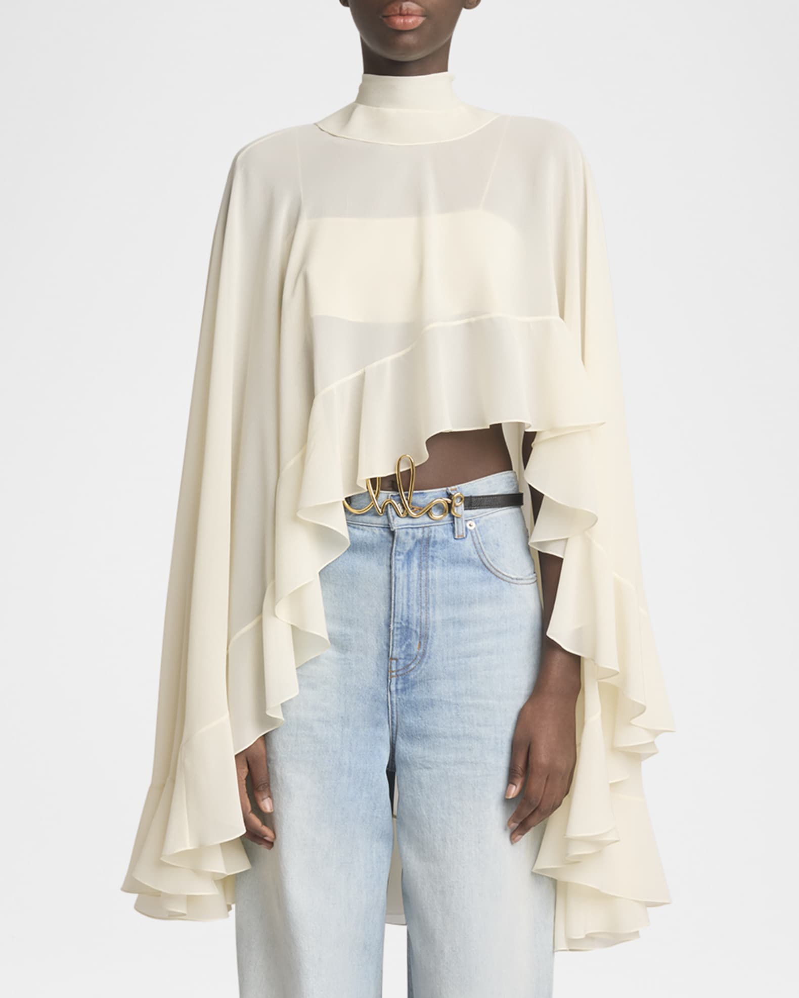 Chloe High Neck Ruffle Sleeve Asymmetric Top | Neiman Marcus