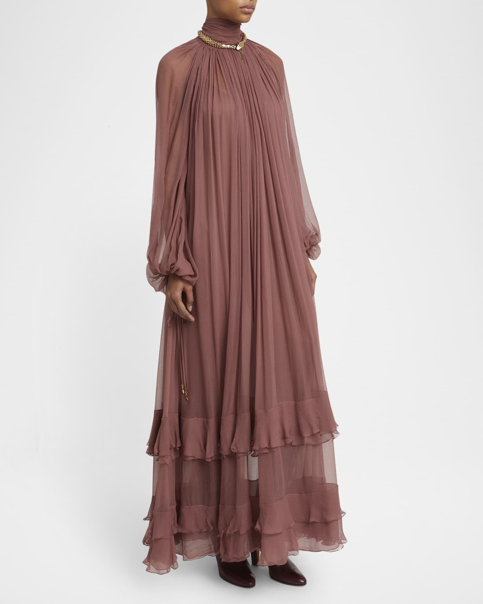 Chloe Maxi Ruffled Mock Neck Silk Mousseline Dress | Neiman Marcus