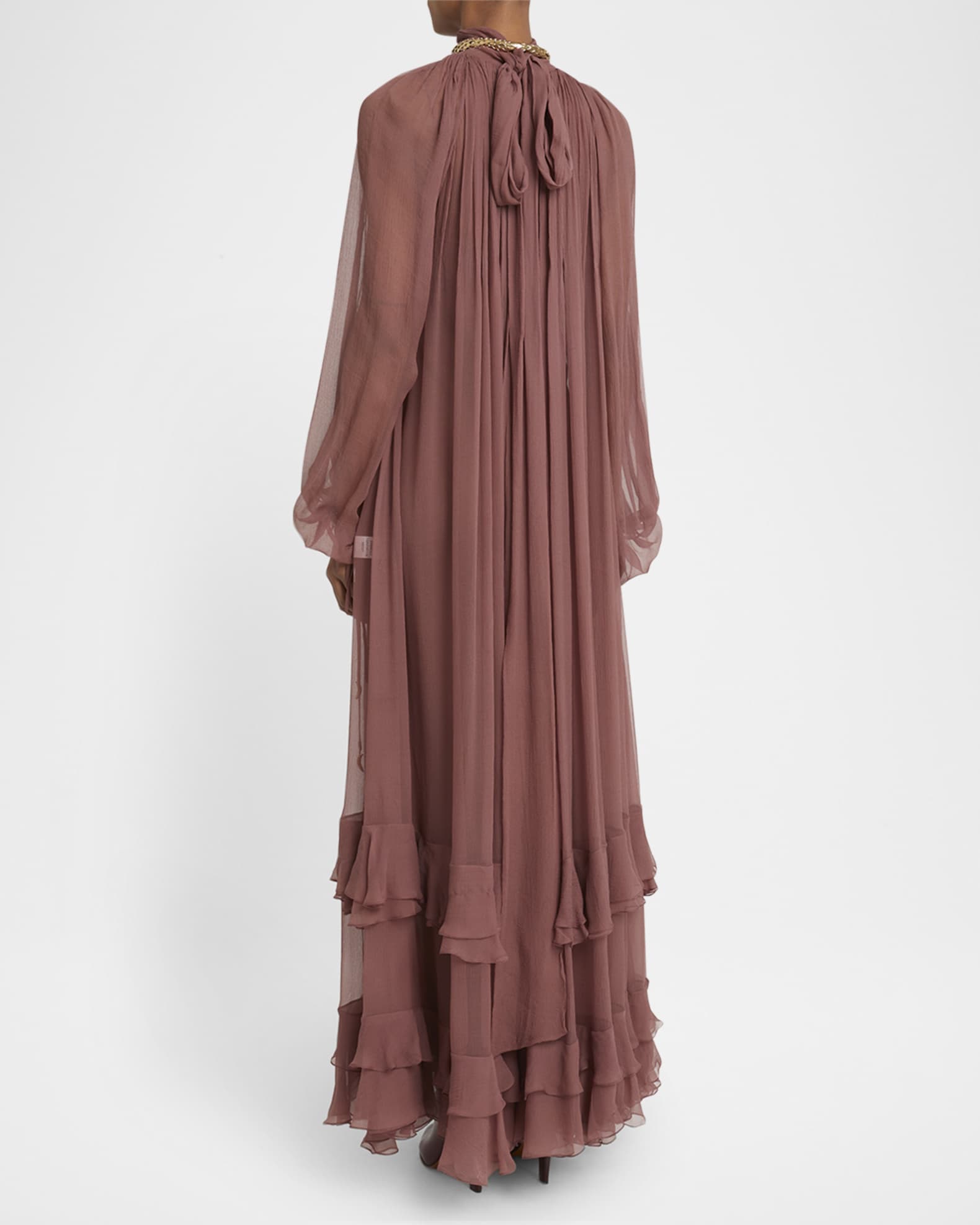 Chloe Maxi Ruffled Mock Neck Silk Mousseline Dress | Neiman Marcus