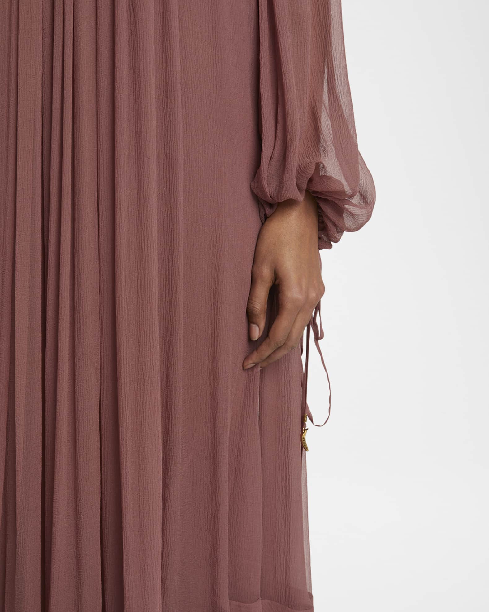 Chloe Maxi Ruffled Mock Neck Silk Mousseline Dress | Neiman Marcus